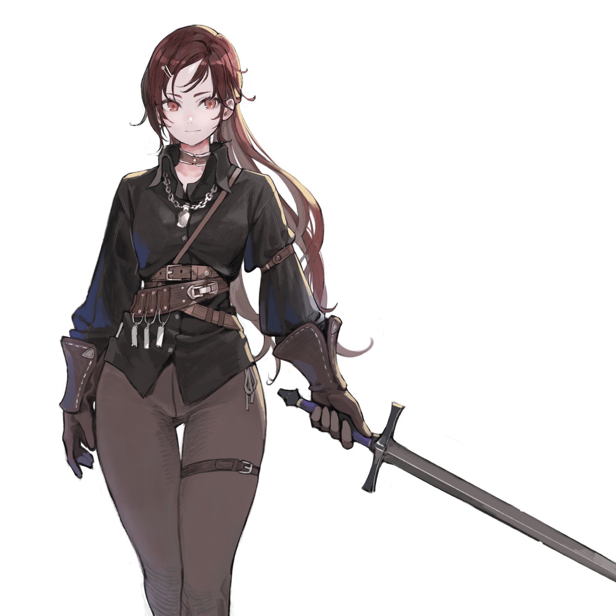 Safebooru - 1girl belt belt buckle black shirt brown belt brown choker brown eyes brown gloves ...