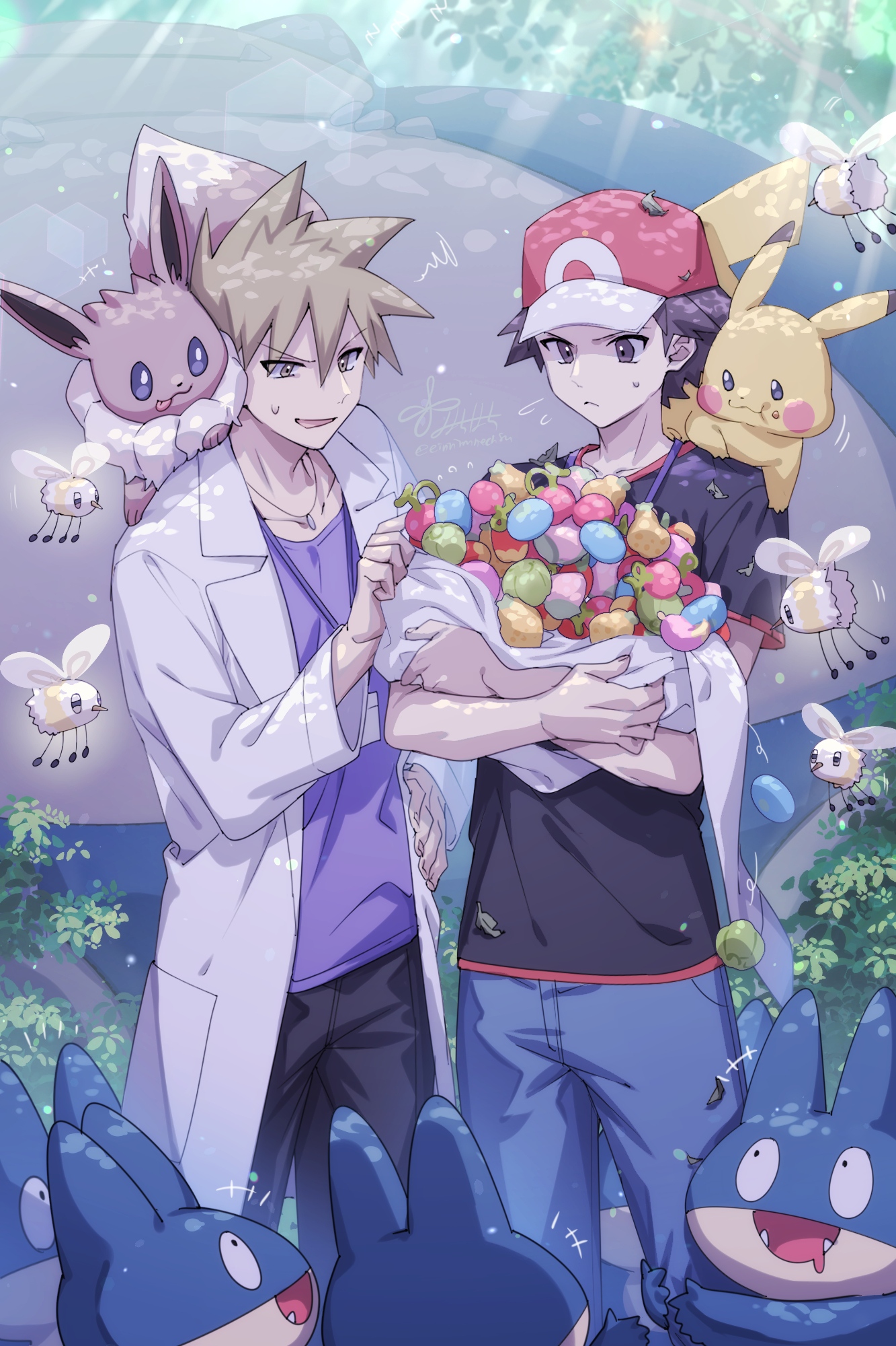 Safebooru - 2boys 88 (einnimnech) berry (pokemon) black hair black ...