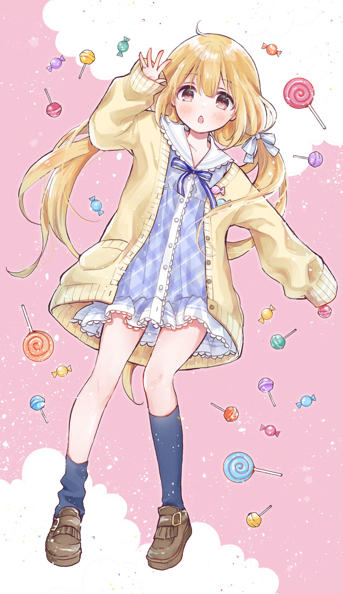 Safebooru - 1girl blonde hair blue dress blue ribbon blush brown eyes candy cardigan collarbone ...