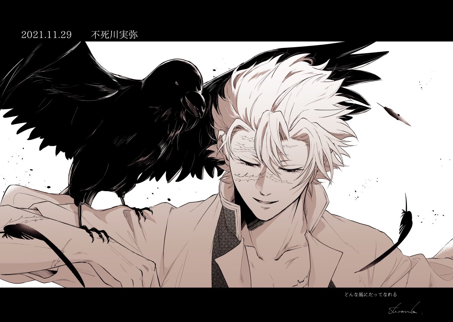Safebooru - 1boy animal animal on arm bird bird on arm collarbone crow ...