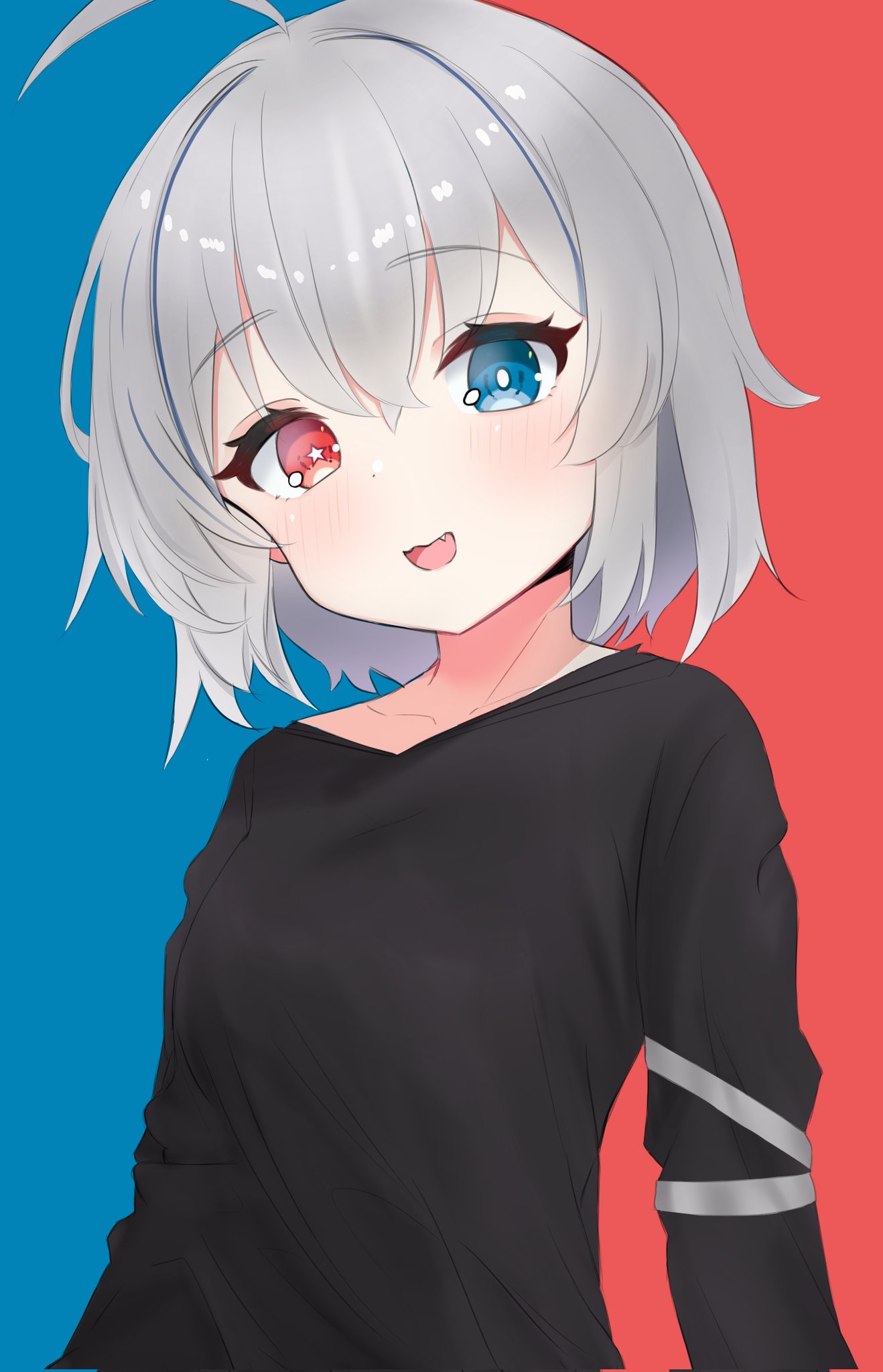 Safebooru - 1girl :d ahoge black cloak black shirt blue background blue eyes blue hair blush ...