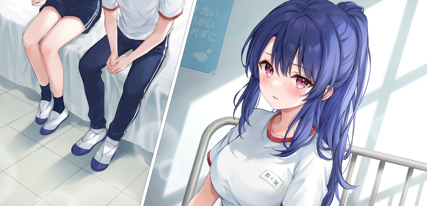 Safebooru - 1boy 1girl black socks blue hair blue pants blue shorts blush breasts character ...