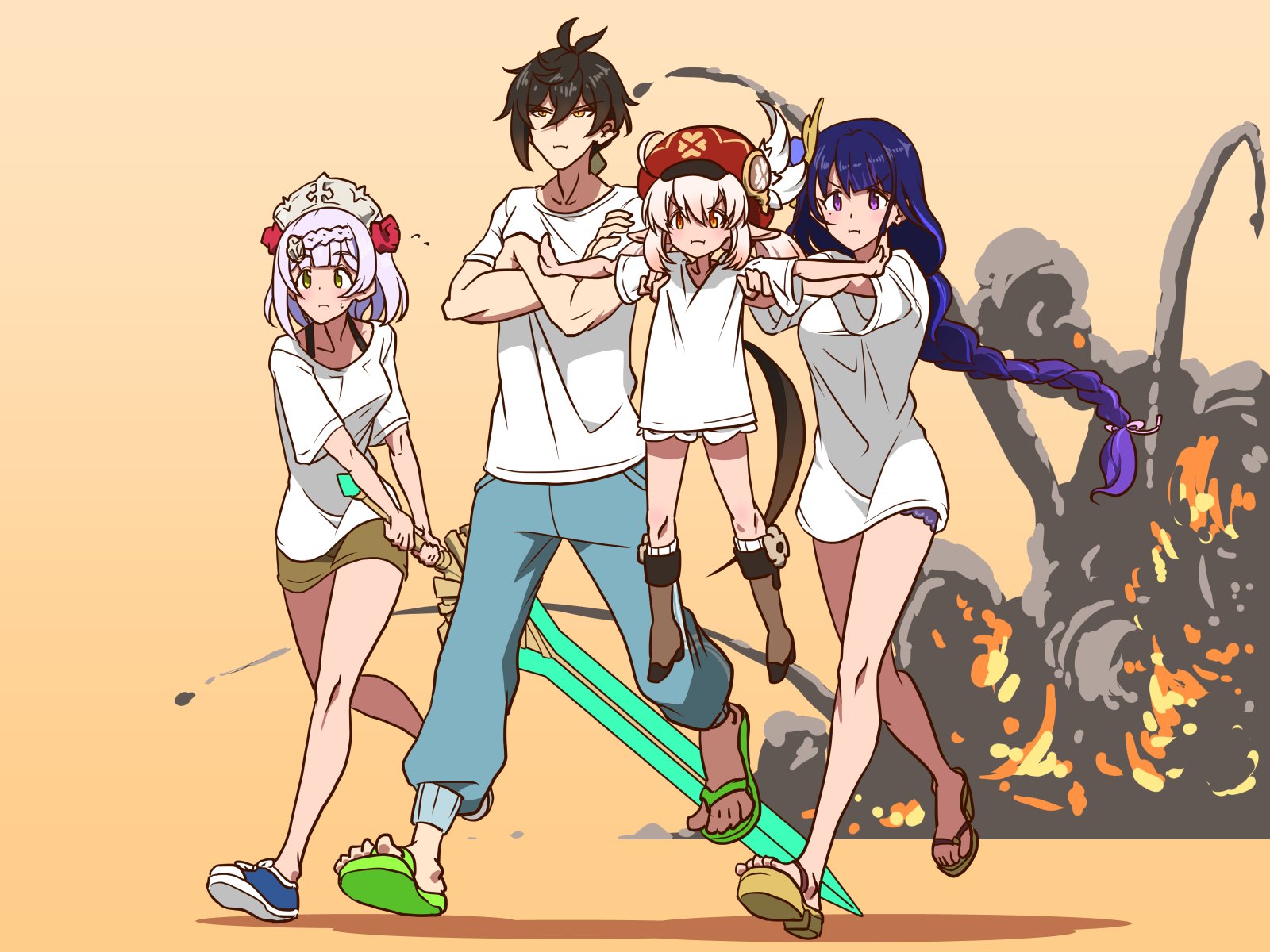 Safebooru - 1boy 3girls ahoge alternate costume black hair bloomers blunt bangs boots braid ...