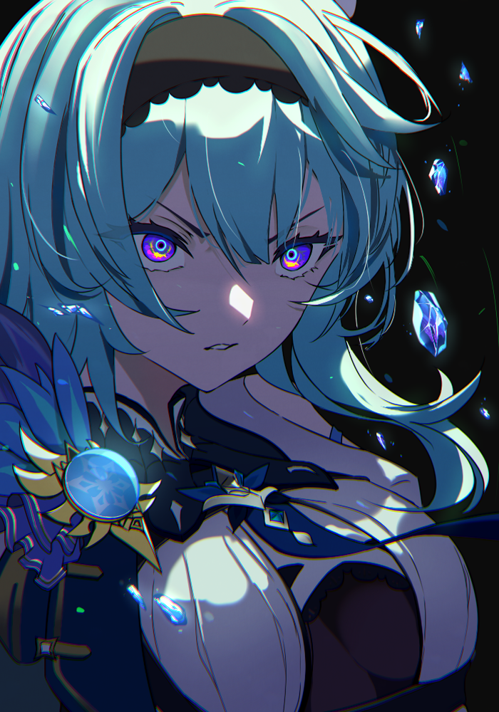 Safebooru - 1girl black background black hairband blue hair blue necktie breasts chromatic ...