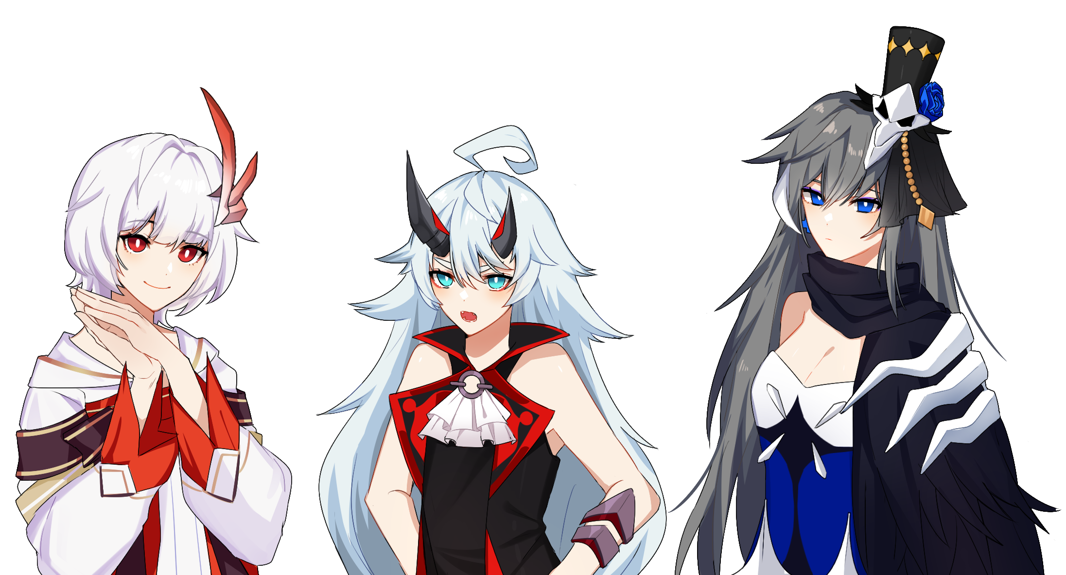 Safebooru - 3girls 3o c ahoge asymmetrical horns bare shoulders black cape black dress black ...