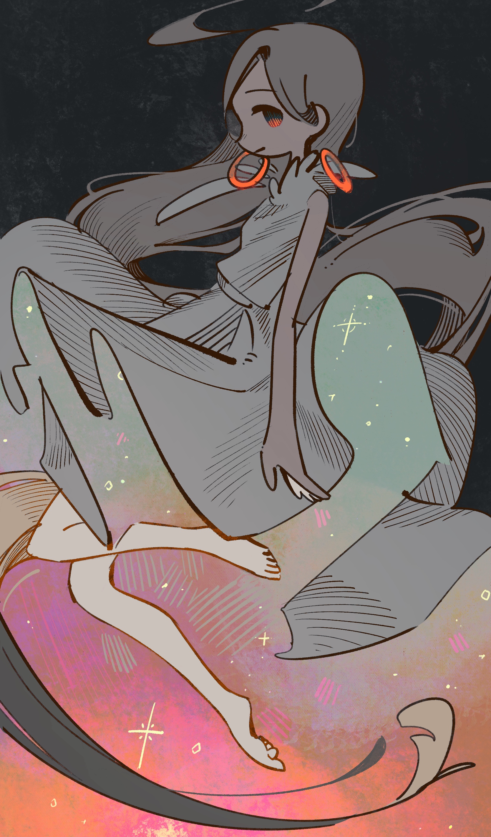 Safebooru - 1girl absurdly long hair absurdres aqua dress barefoot brown hair closed mouth ...