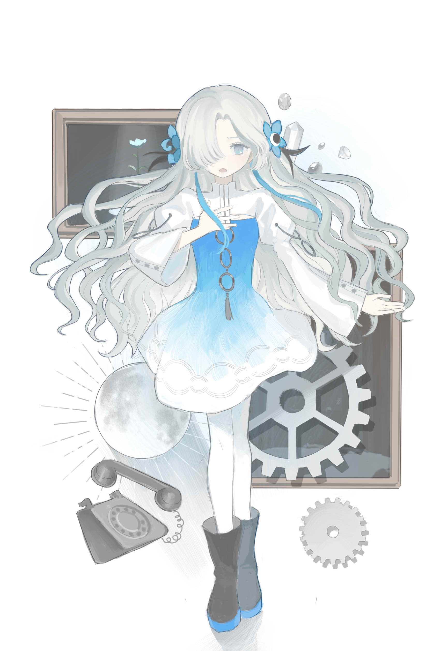 Safebooru - 1girl absurdres black footwear blue dress blue eyes blue flower blue hair boots ...