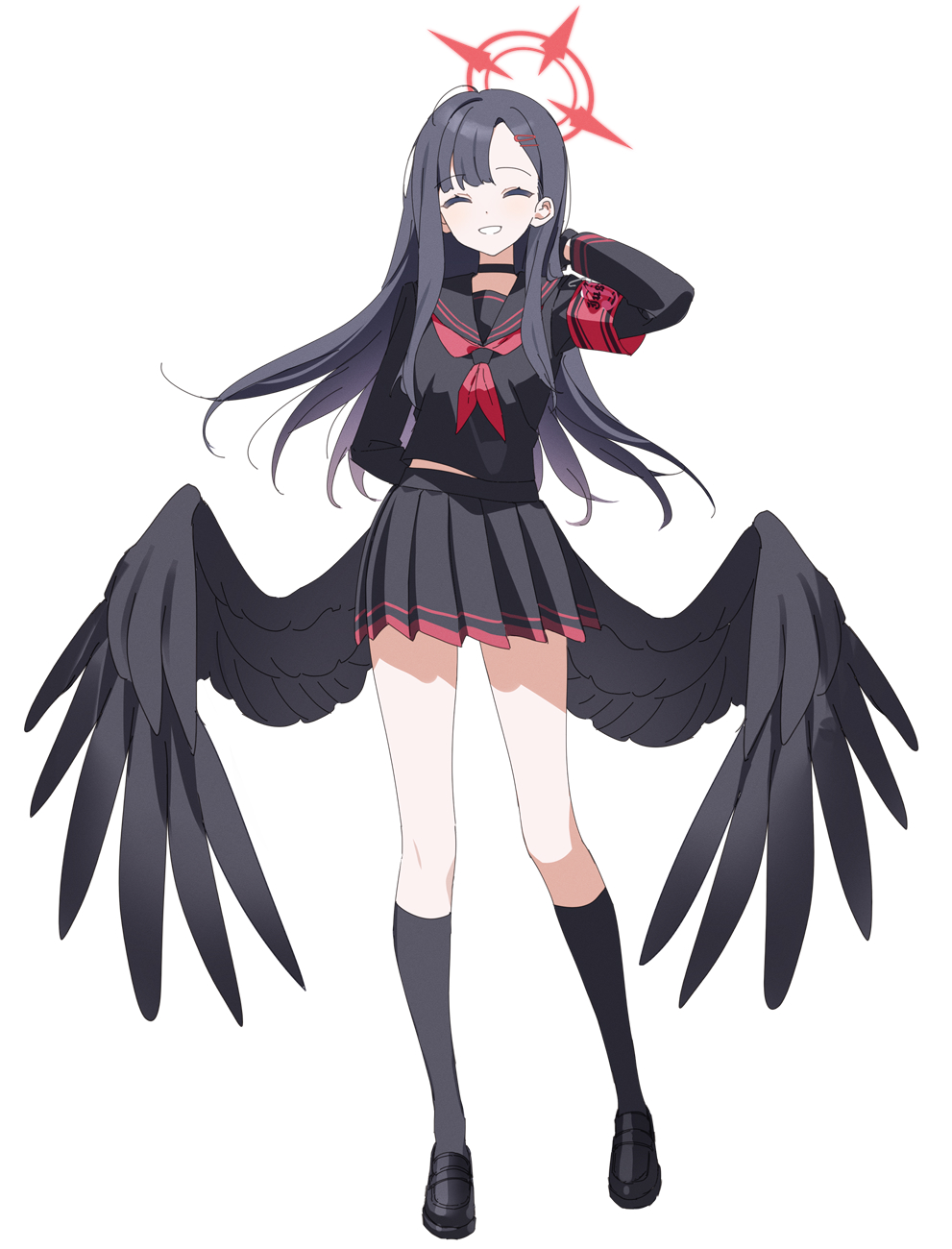 Safebooru - 1girl angel wings black gloves black hair black serafuku black skirt black wings ...