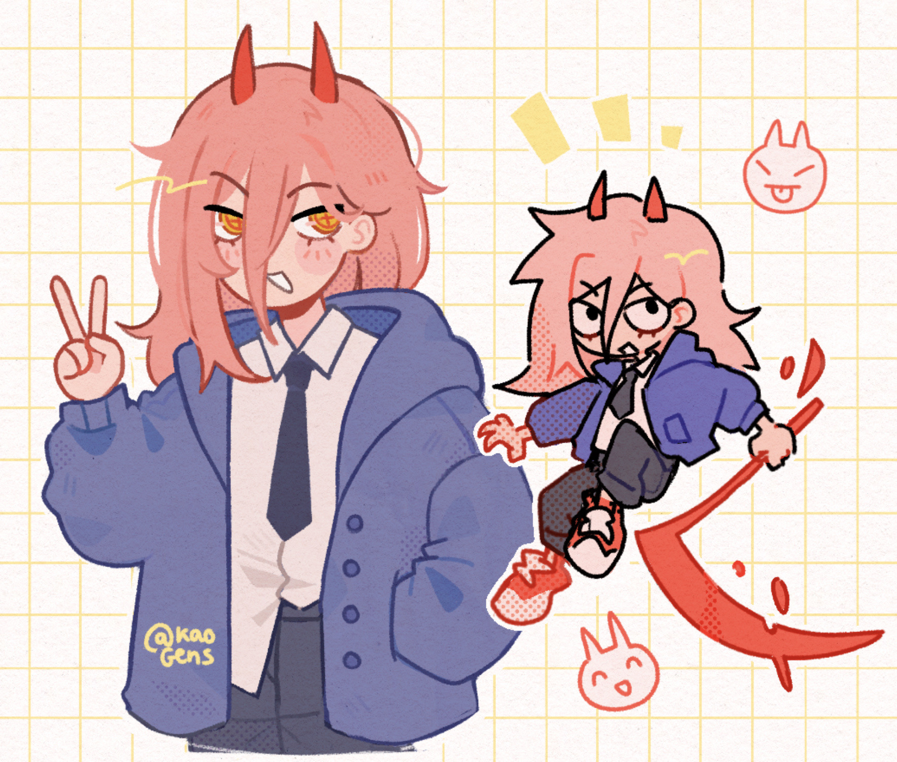 Safebooru - 1girl black eyes black necktie black pants blue jacket chainsaw man chibi collared ...