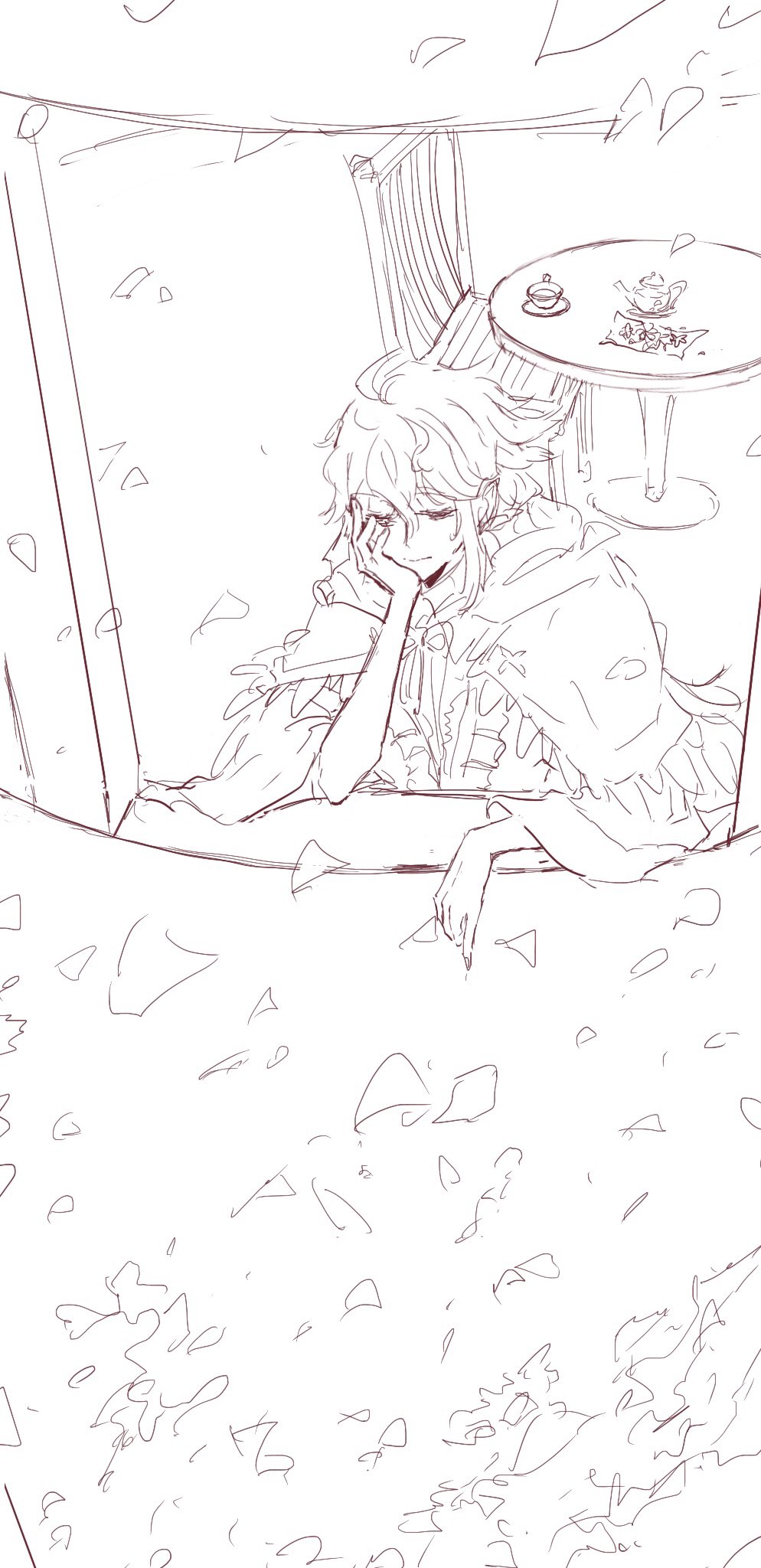 Safebooru - 1boy 31tamagokake580 capelet chair cup falling petals fate ...