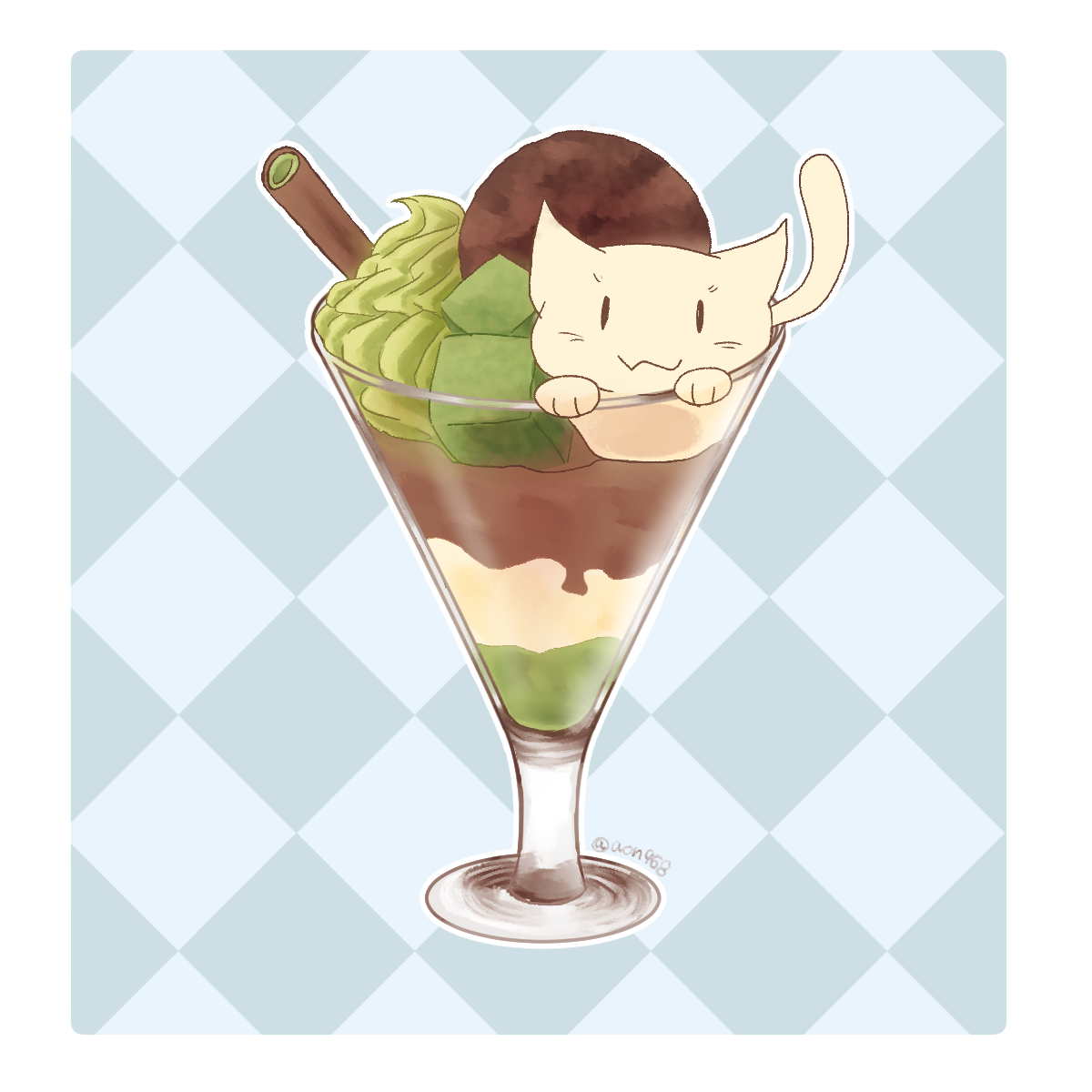 Safebooru - aon968 cat checkered background food food focus highres ...