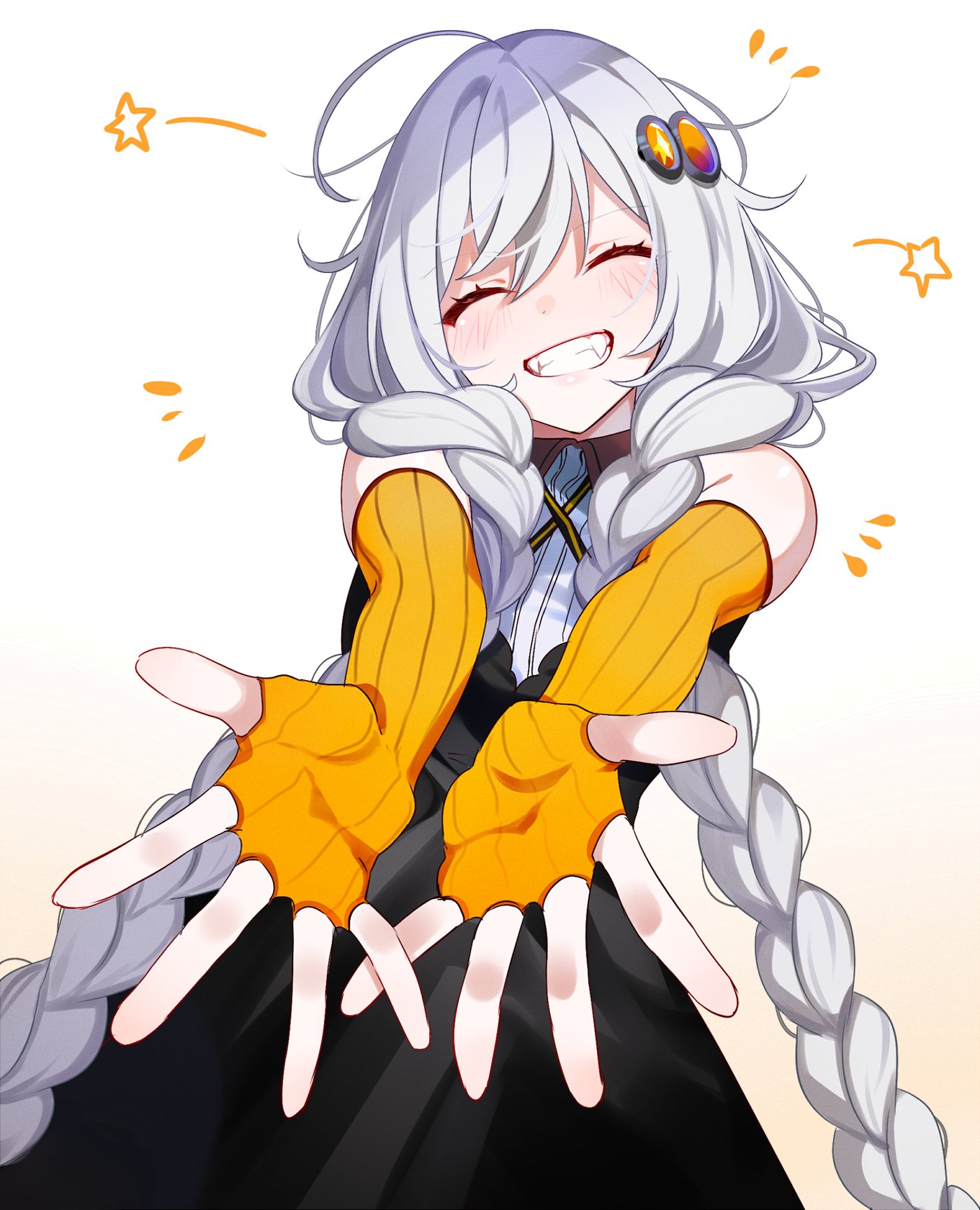 Safebooru - 1girl ahoge bare shoulders black dress blush braid closed eyes collared shirt ...