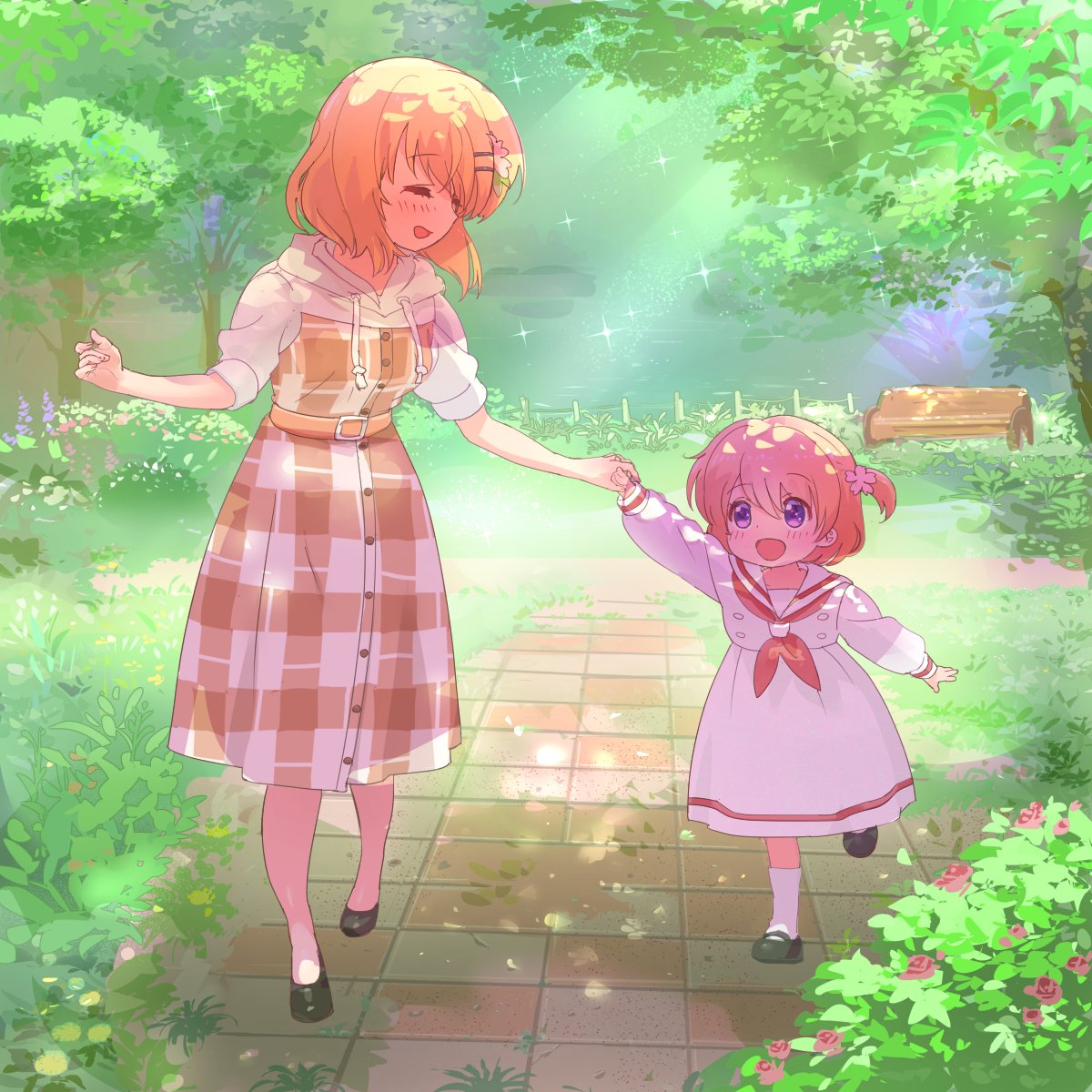 Safebooru - 2girls :d aged down belt bench bush closed eyes commentary ...