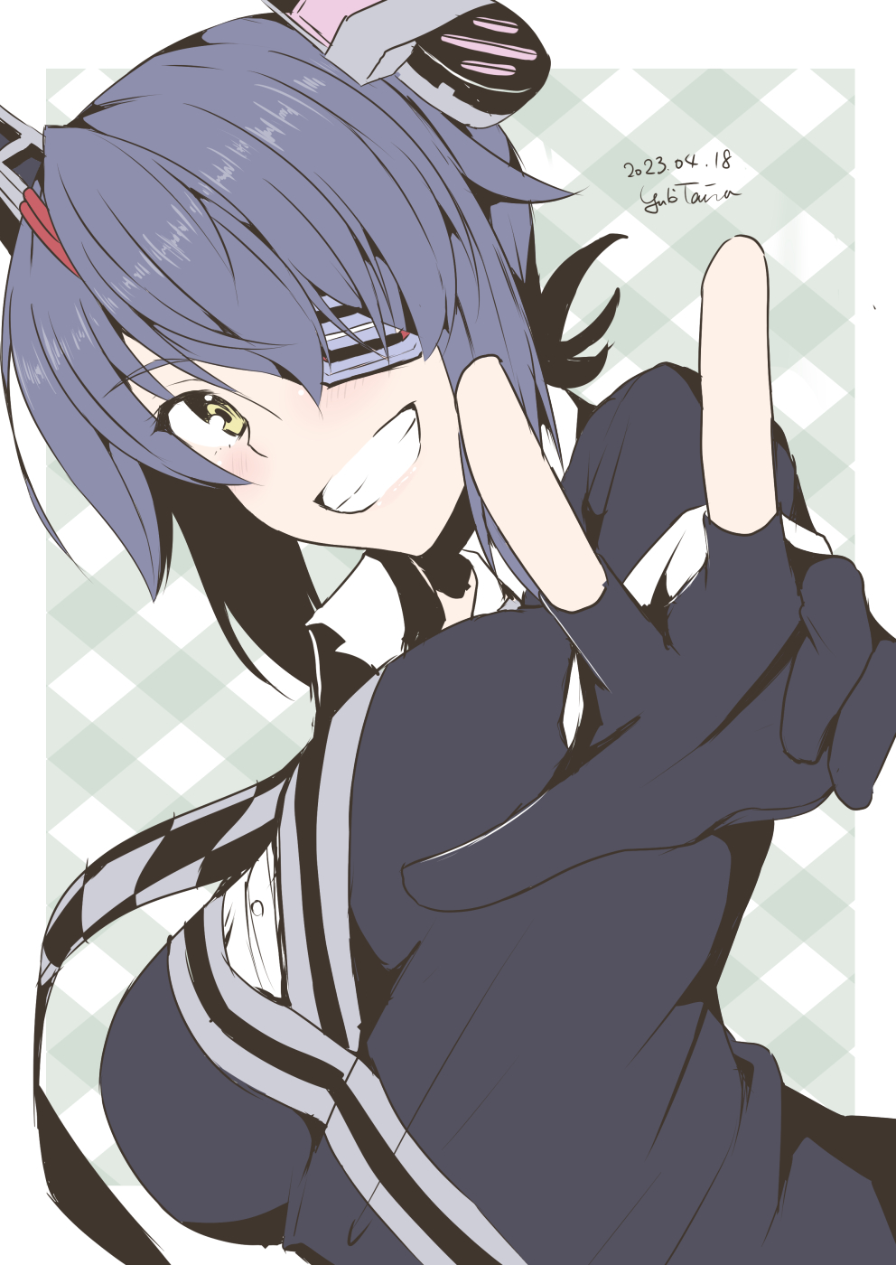 Safebooru - 1girl artist name black gloves border checkered background checkered necktie dated ...