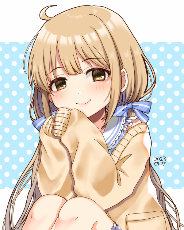 Safebooru - 1girl ahoge ayaca blonde hair blue dress blue ribbon cardigan dated dotted ...
