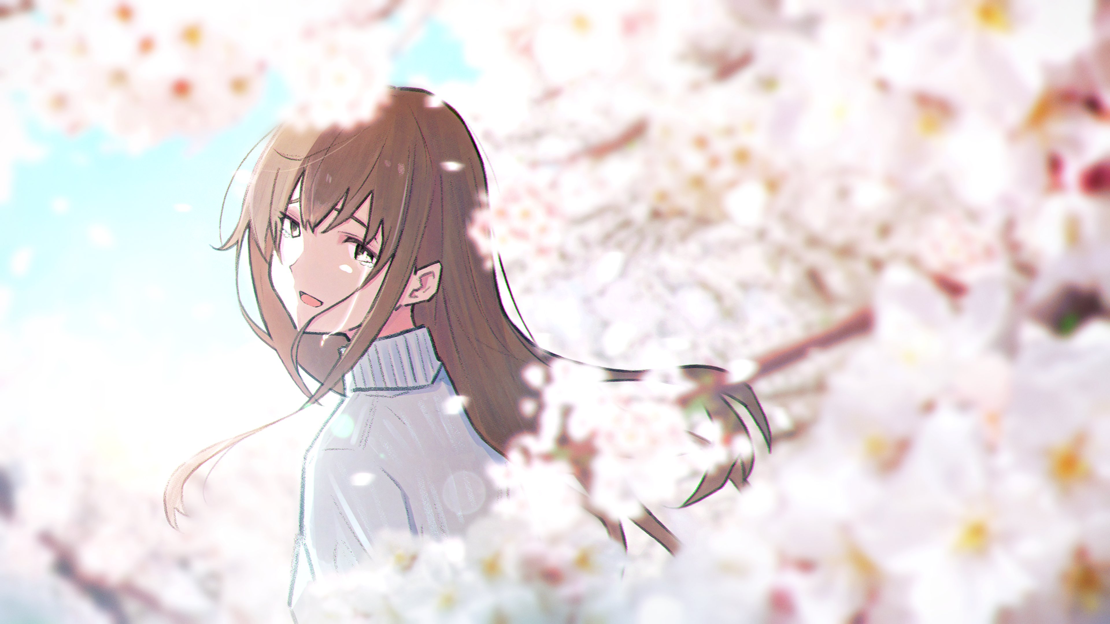 Safebooru - 1girl absurdres blue sky brown eyes brown hair cherry blossoms crying crying with ...