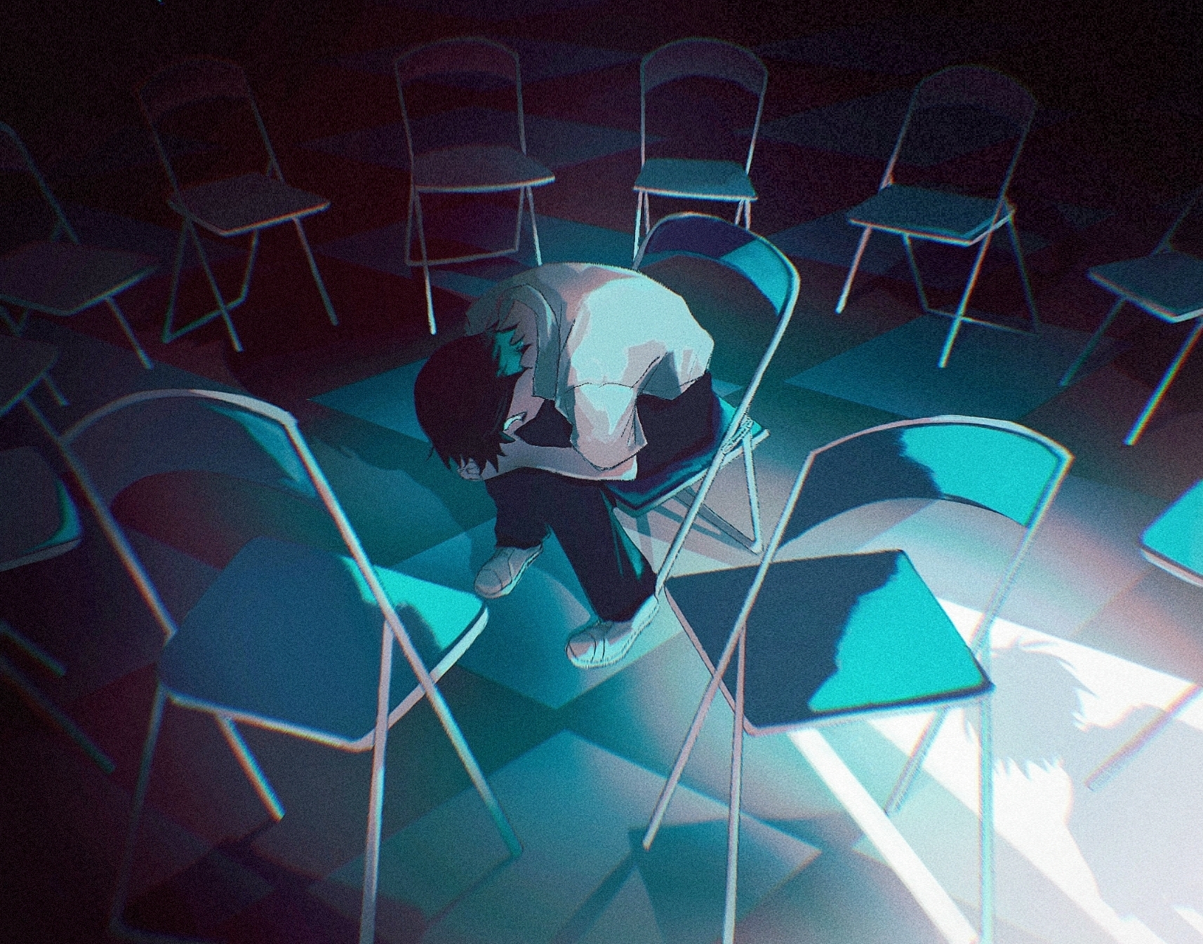 Safebooru - 1boy black hair black pants blue theme chair chinese ...