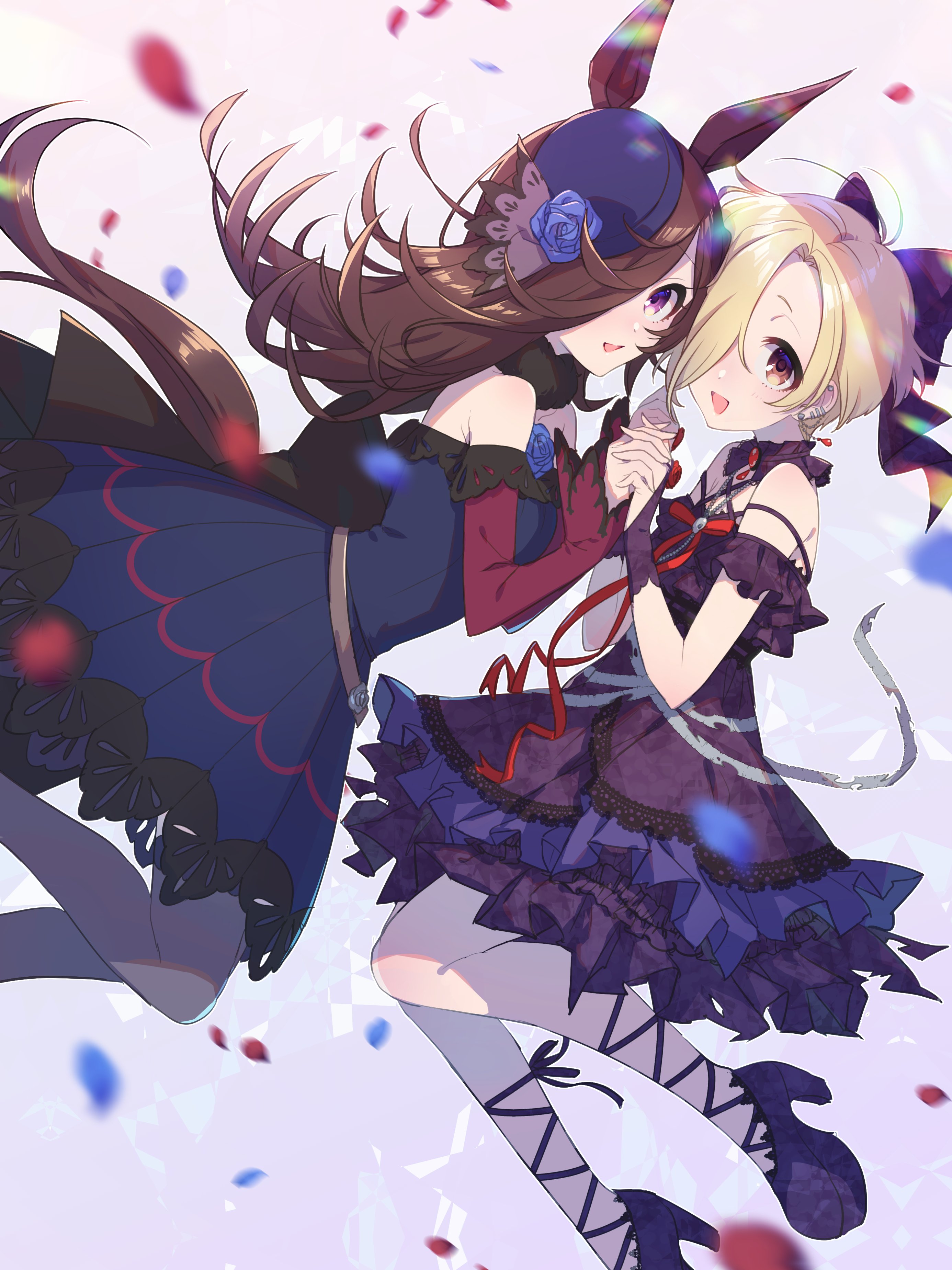 Safebooru - 2girls absurdres animal ears ankle ribbon arm guards bare shoulders black choker ...