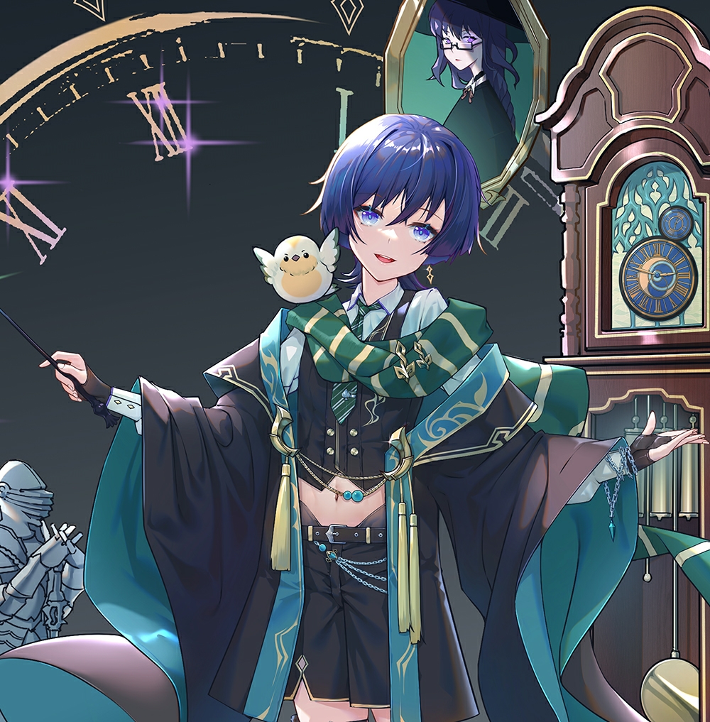 Safebooru - 1boy alternate universe analog clock animal on shoulder armor belt bird bird on ...