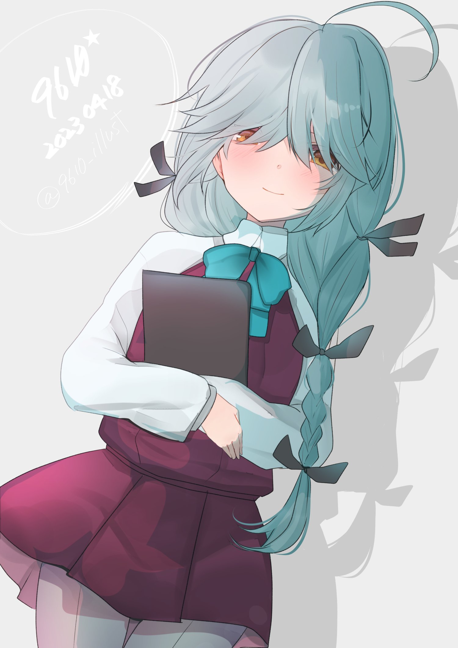 Safebooru - 1girl ahoge aqua bow aqua bowtie black ribbon blue bow blue bowtie blush book bow ...