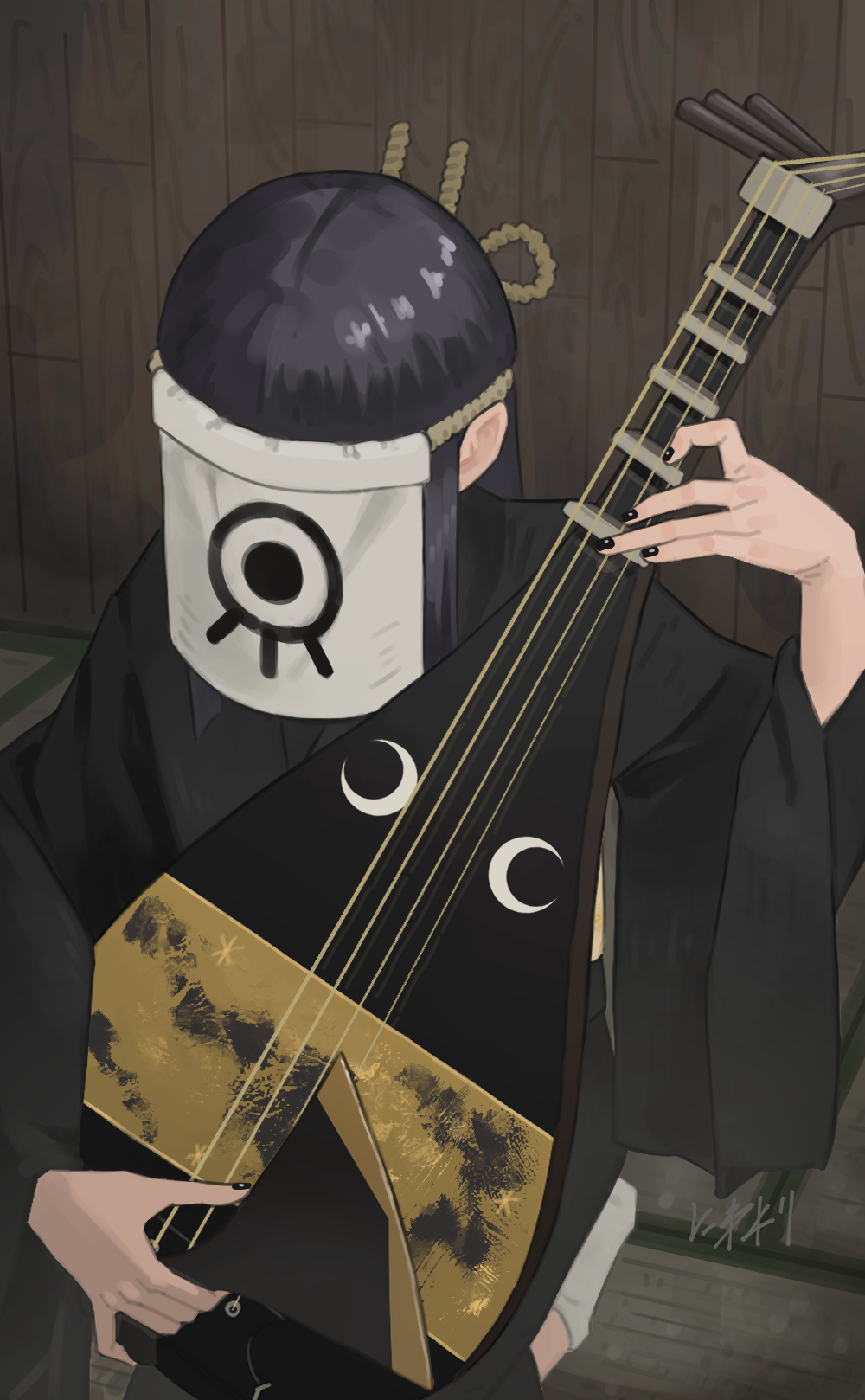 Safebooru - 1girl biwa lute black hair black kimono black nails highres indoors instrument ...