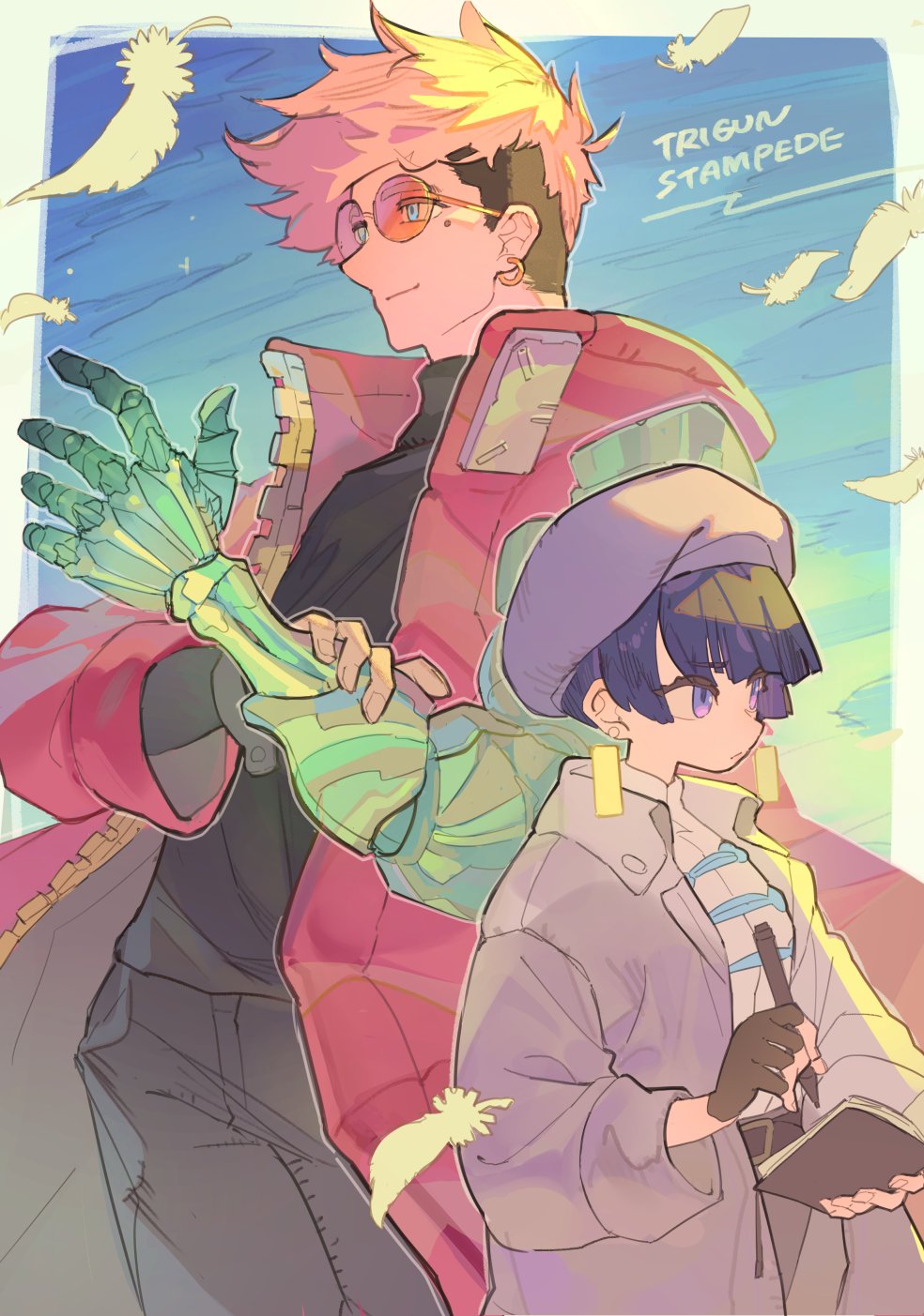 Safebooru - 1boy 1girl blonde hair blue eyes breasts closed mouth coat earrings fingerless ...