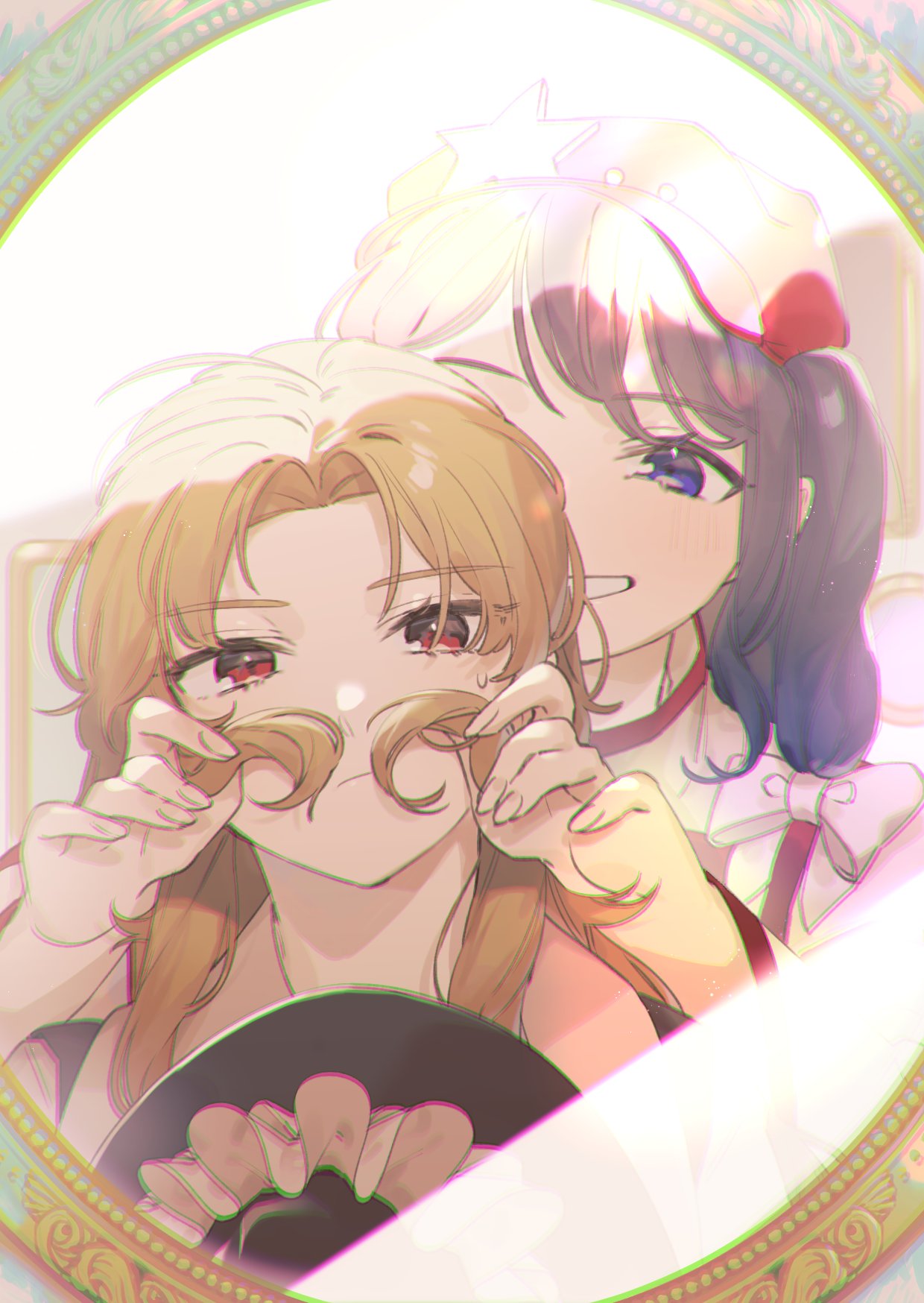 Safebooru - 2girls blonde hair brown headwear fedora flat cap grin hair ...