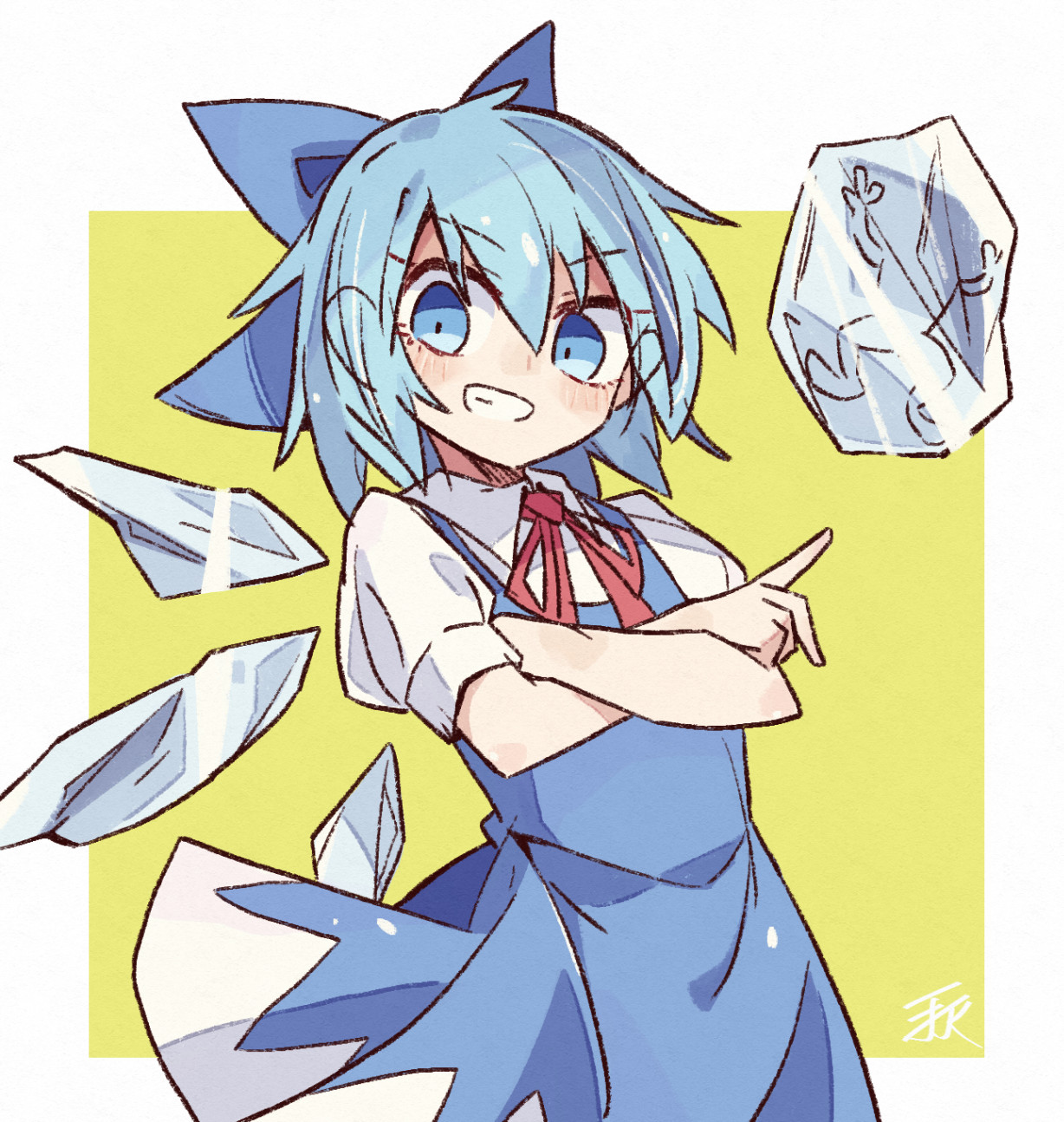 Safebooru - 1girl blue bow blue dress blue eyes blue hair bow cirno commentary crossed arms ...