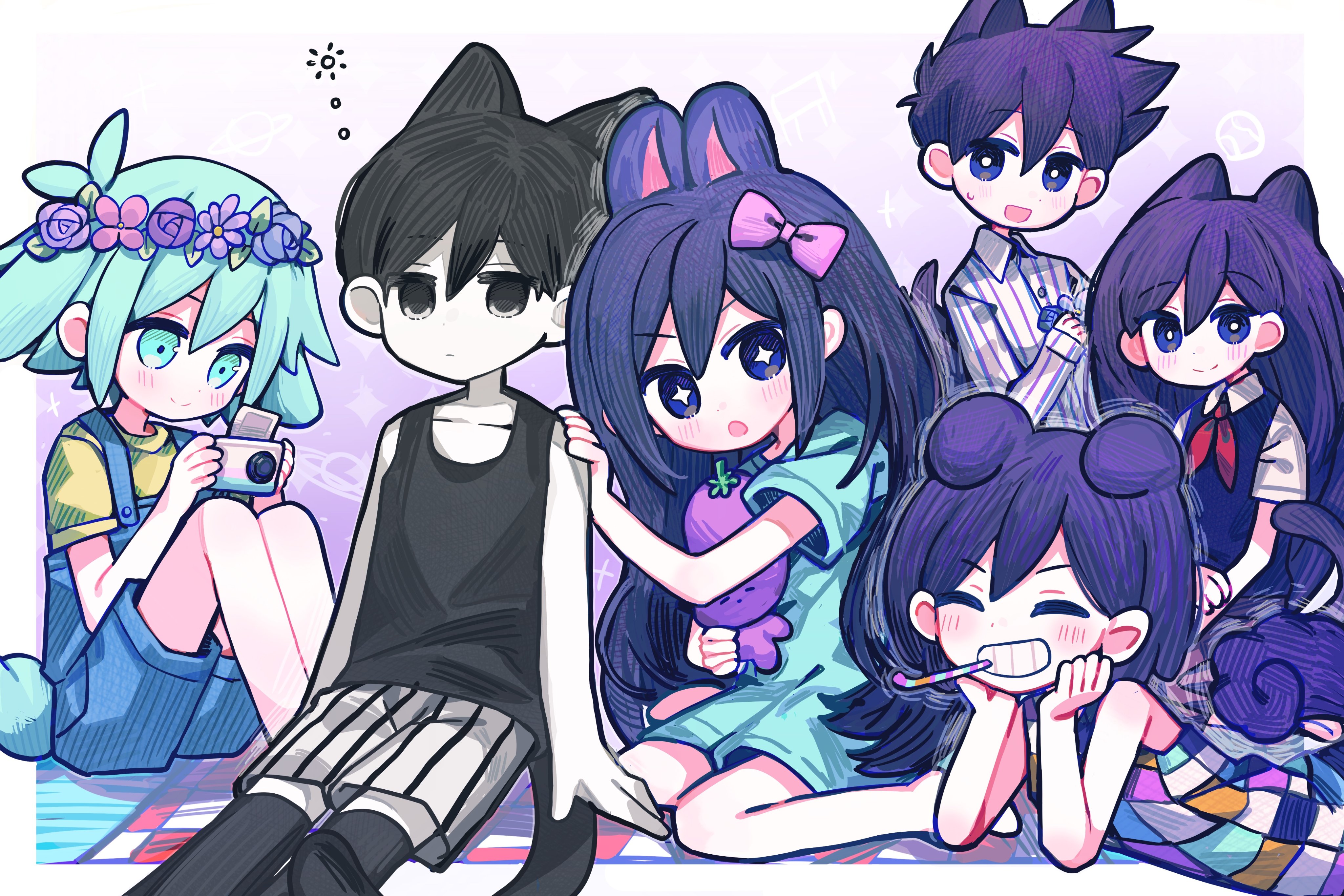 Safebooru - + + 2girls 4boys absurdres animal ears aubrey (omori) barefoot basil (omori) black ...