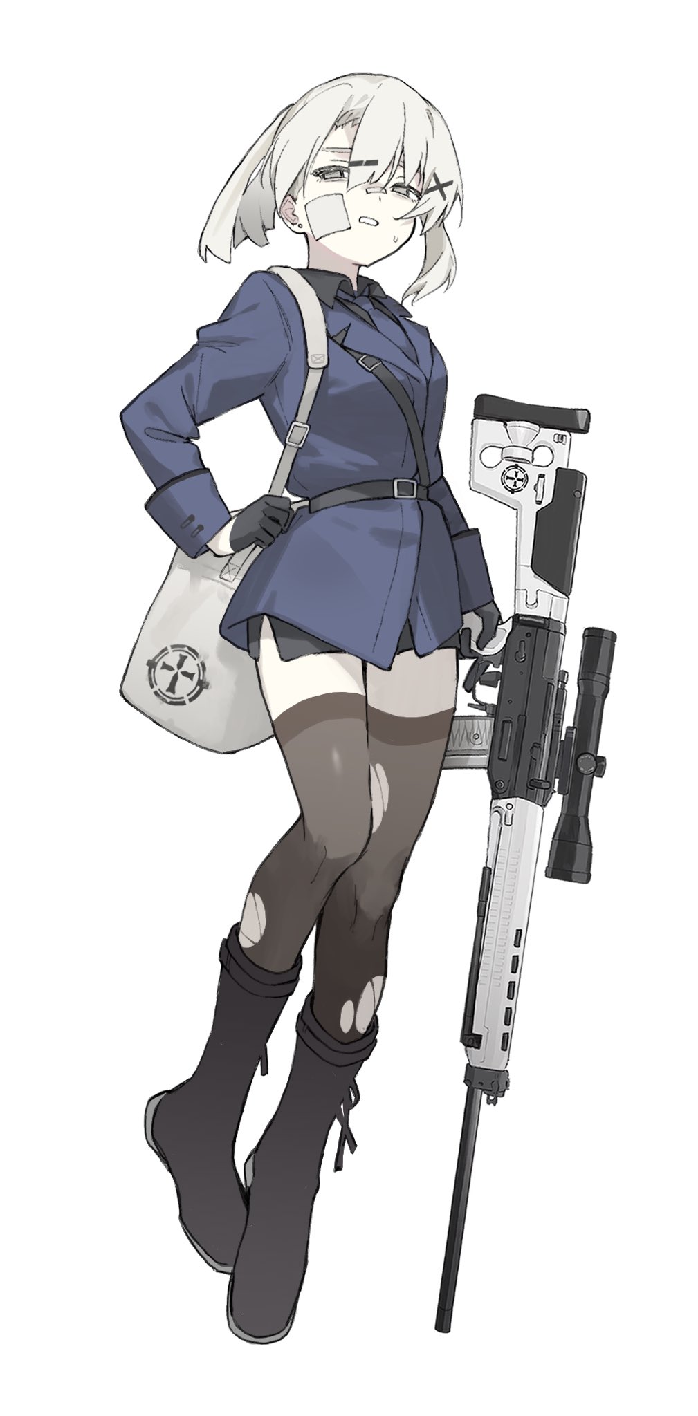 Safebooru - 1girl assault rifle bag bandage on face bandages bandaid bandaid on face bandaid on ...