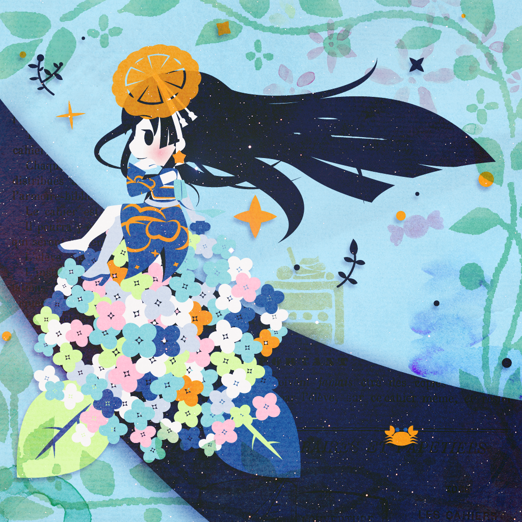 Safebooru - 1girl black hair blue dress blue footwear blush cake detached sleeves dress earrings ...