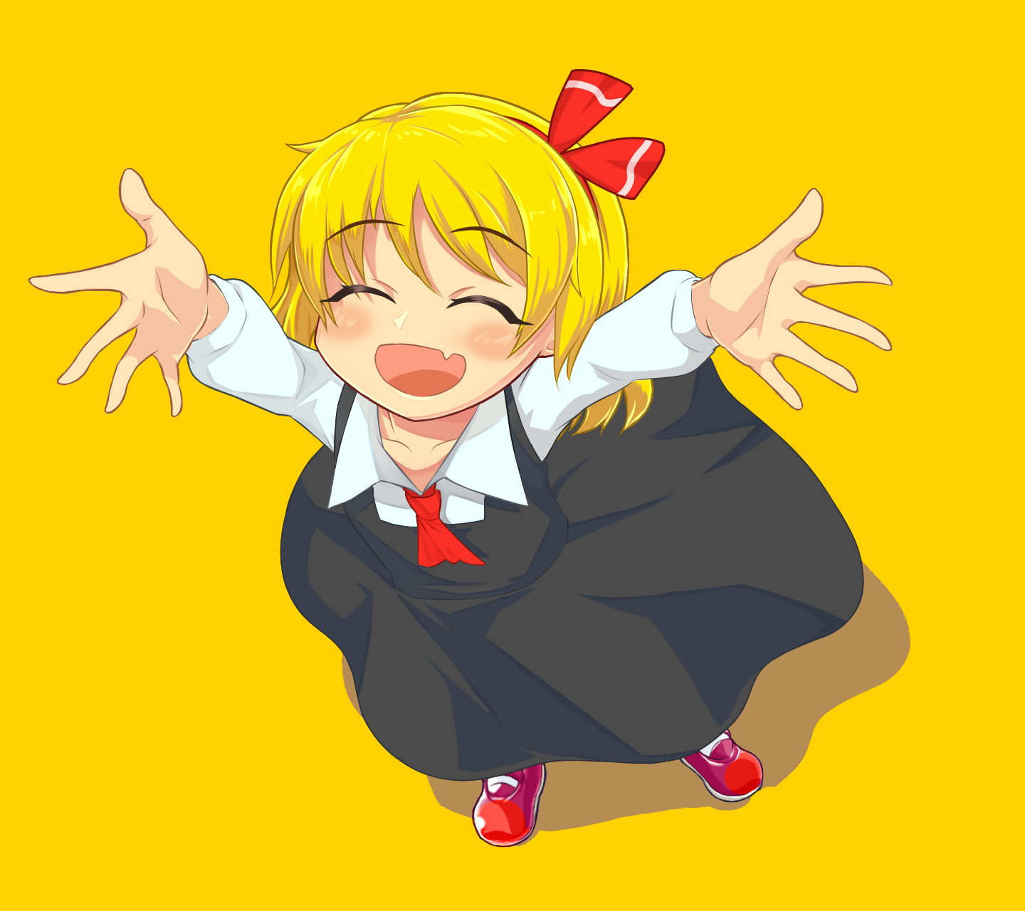 Safebooru - 1girl :d arms up ascot black skirt black vest blonde hair blush closed eyes collared ...