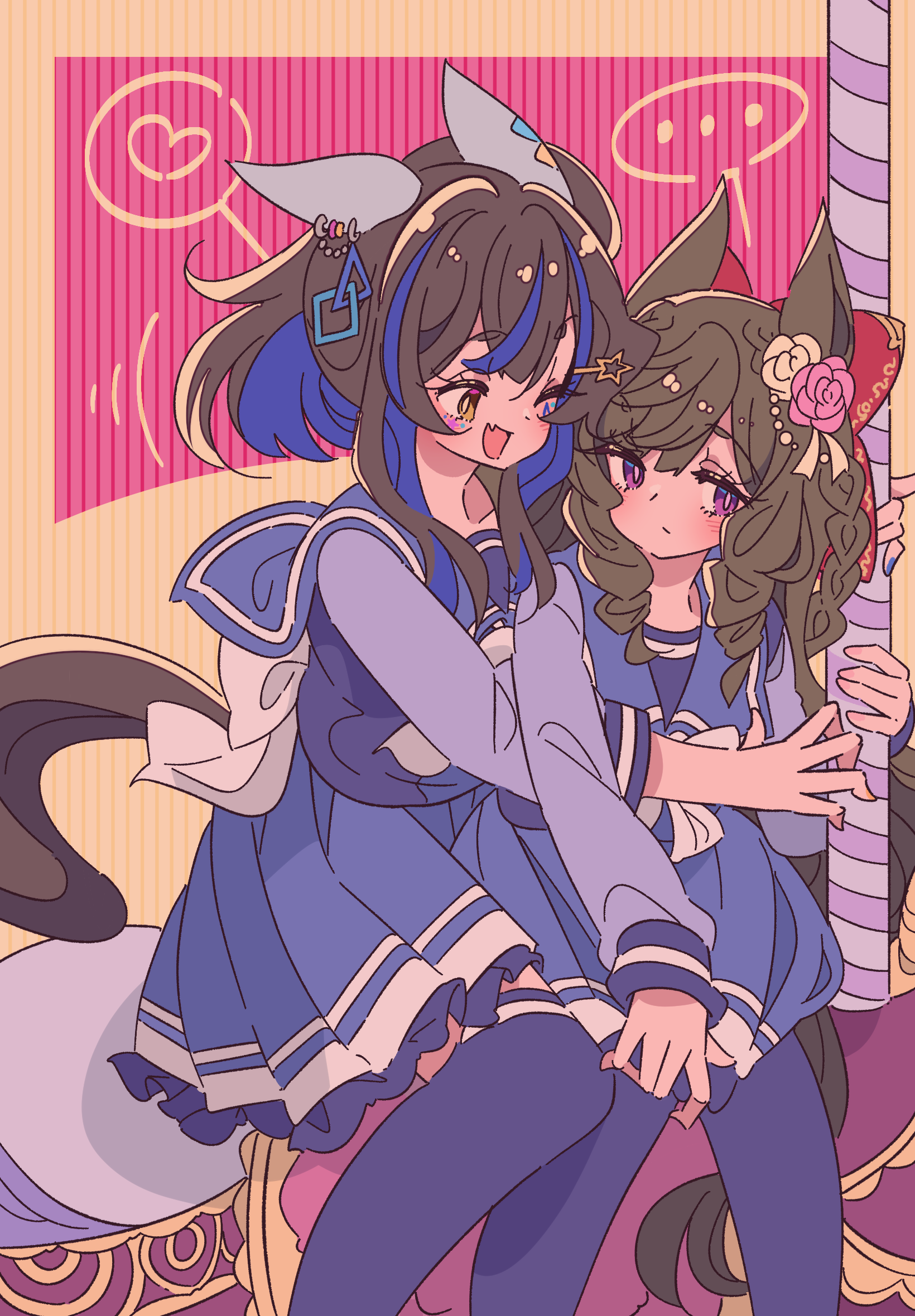 Safebooru - ... 2girls ;d animal ears blue hair blue thighhighs brown ...
