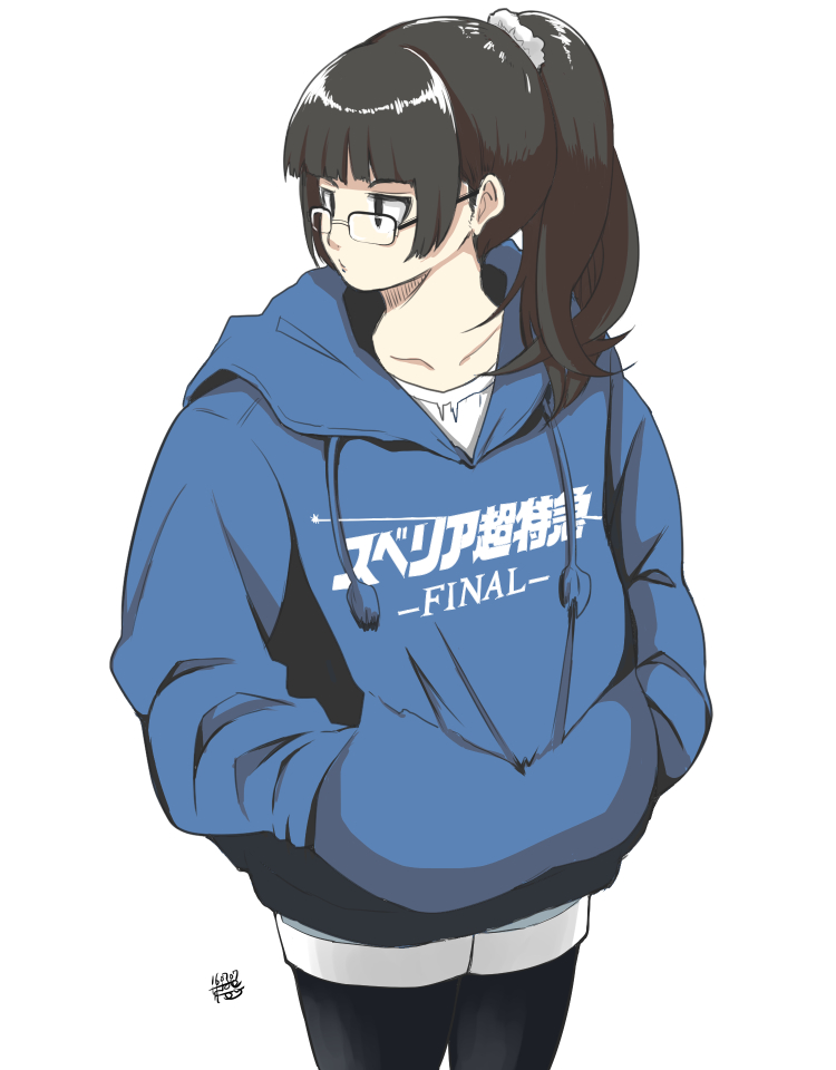 Safebooru - 1girl black eyes black pantyhose blue hoodie blunt bangs brown hair glasses hadashi ...