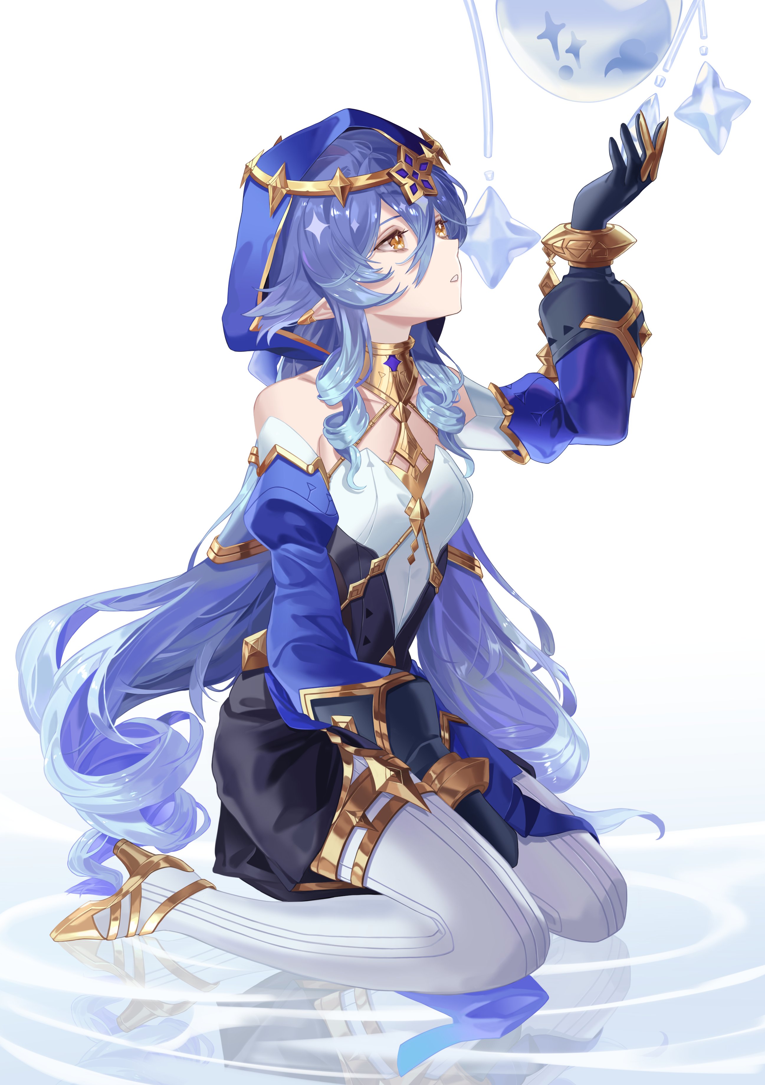 Safebooru - 1girl absurdres bare shoulders black gloves blue hair blue hood blue sleeves breasts ...