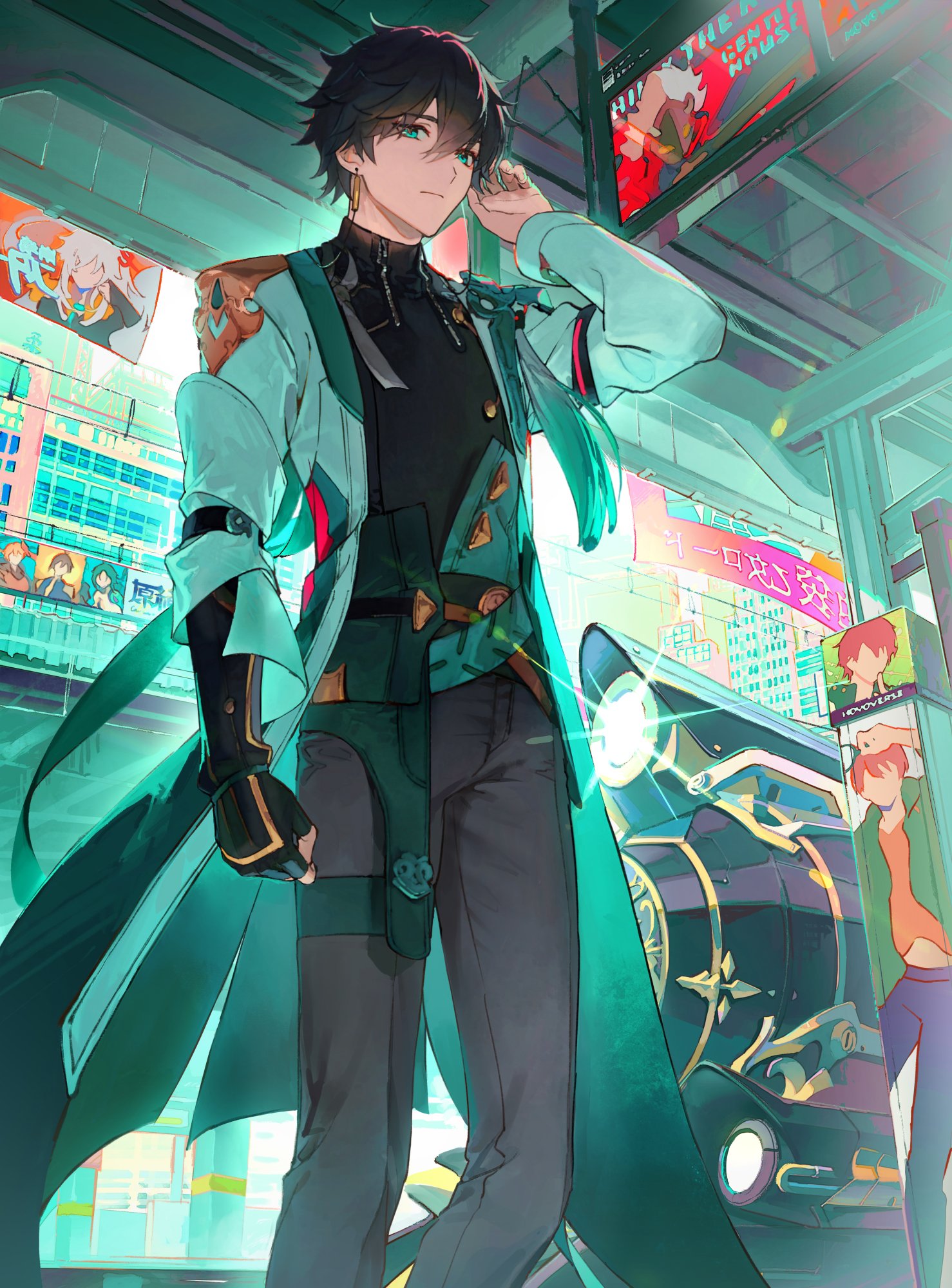 Safebooru - 1boy ad billy kid black gloves black shirt building closed mouth coat commentary ...