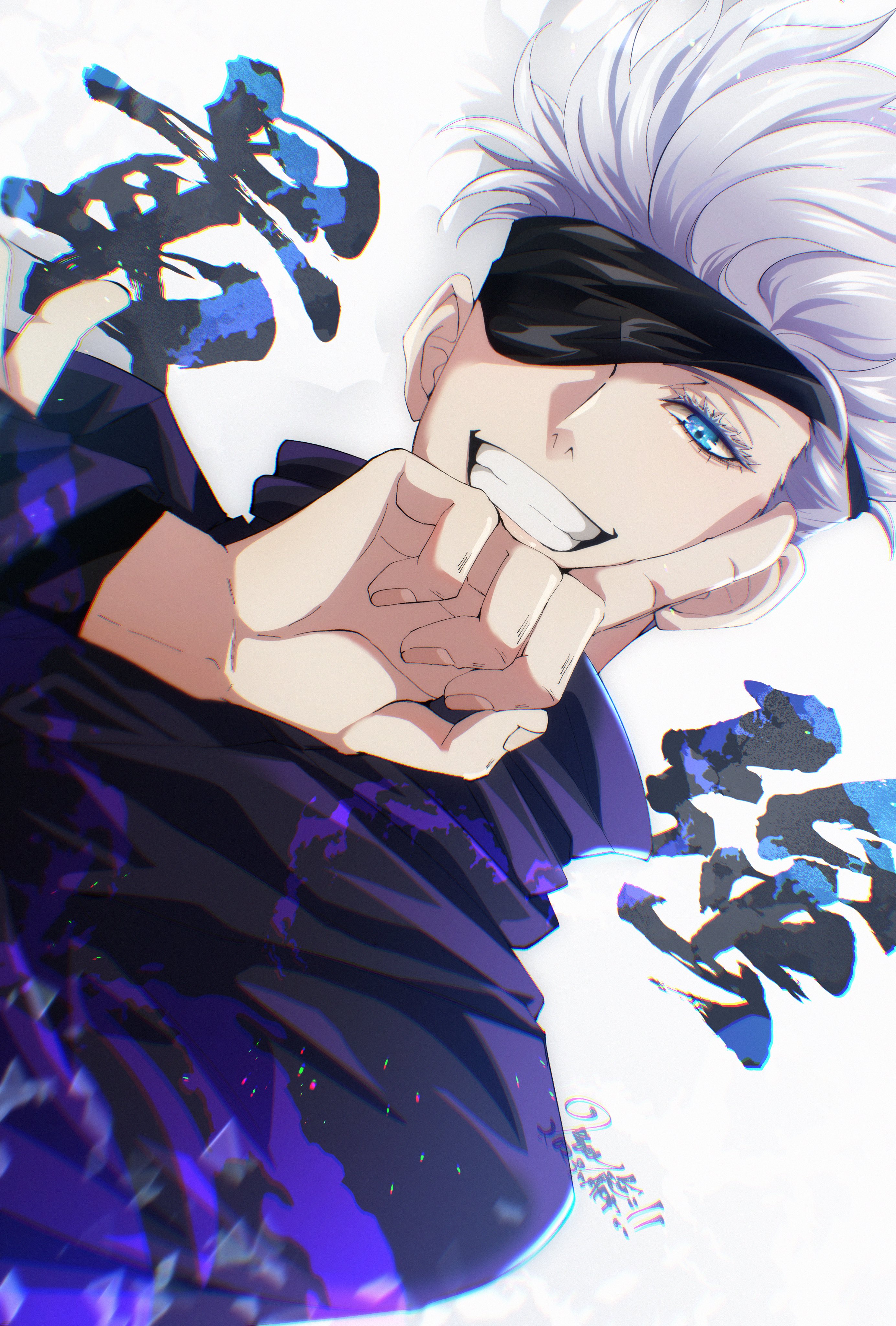 Safebooru - 1boy absurdres black blindfold blindfold blue eyes gojou satoru grin hand up high ...