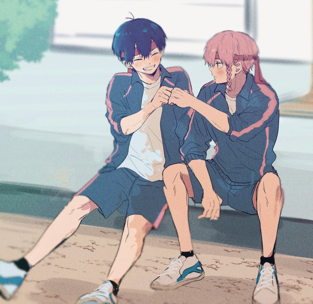 Safebooru - 2boys ^ ^ black hair black jacket black shorts blue lock ...