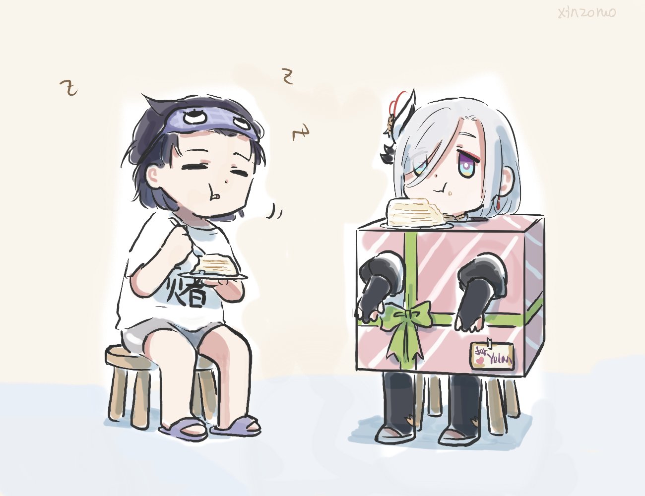 Safebooru - 2girls artist name birthday cake box cake cake slice chibi ...