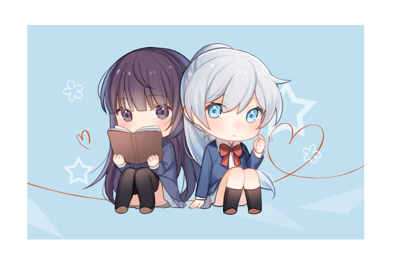 Safebooru - 2girls black eyes black hair black socks black thighhighs blue background blue eyes ...