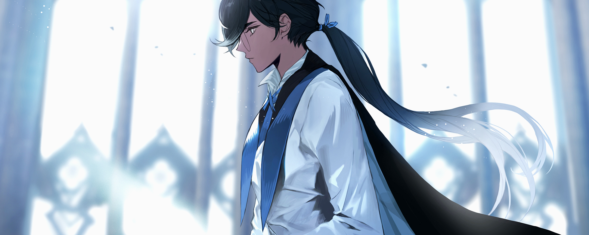Safebooru - 1boy black cape black hair blue ribbon blurry blurry background cape closed mouth ...