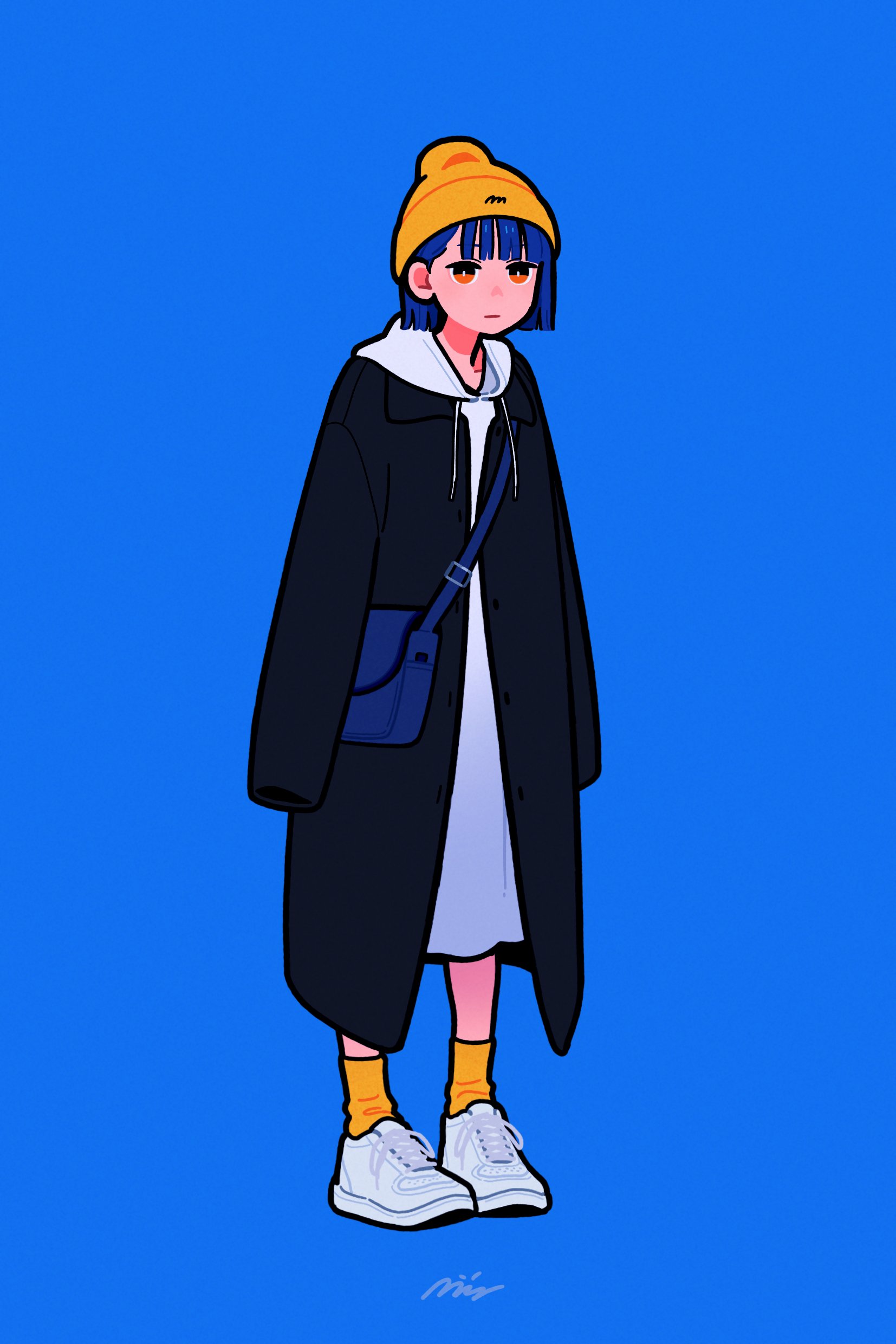 Safebooru - 1girl absurdres bag beanie black coat blue background blue bag blue hair coat ...