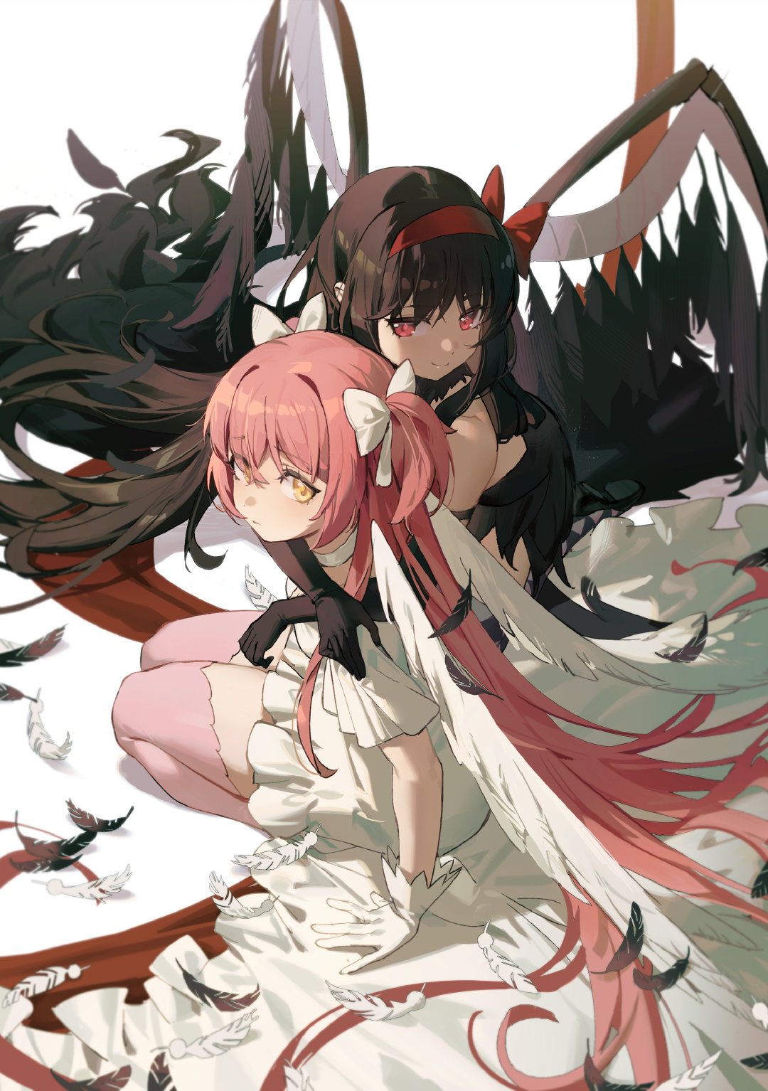 Safebooru - 2girls akemi homura akuma homura black dress black feathers black gloves black hair ...