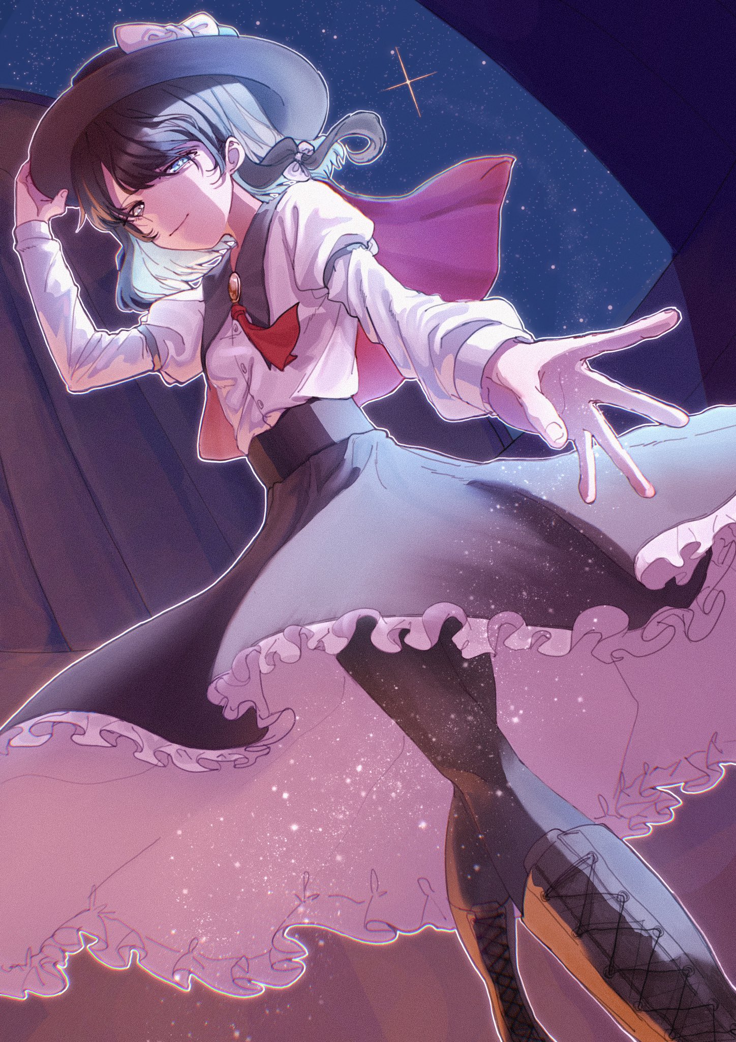 Safebooru - 1girl ascot black cape black headwear black pantyhose black skirt blue eyes blue sky ...