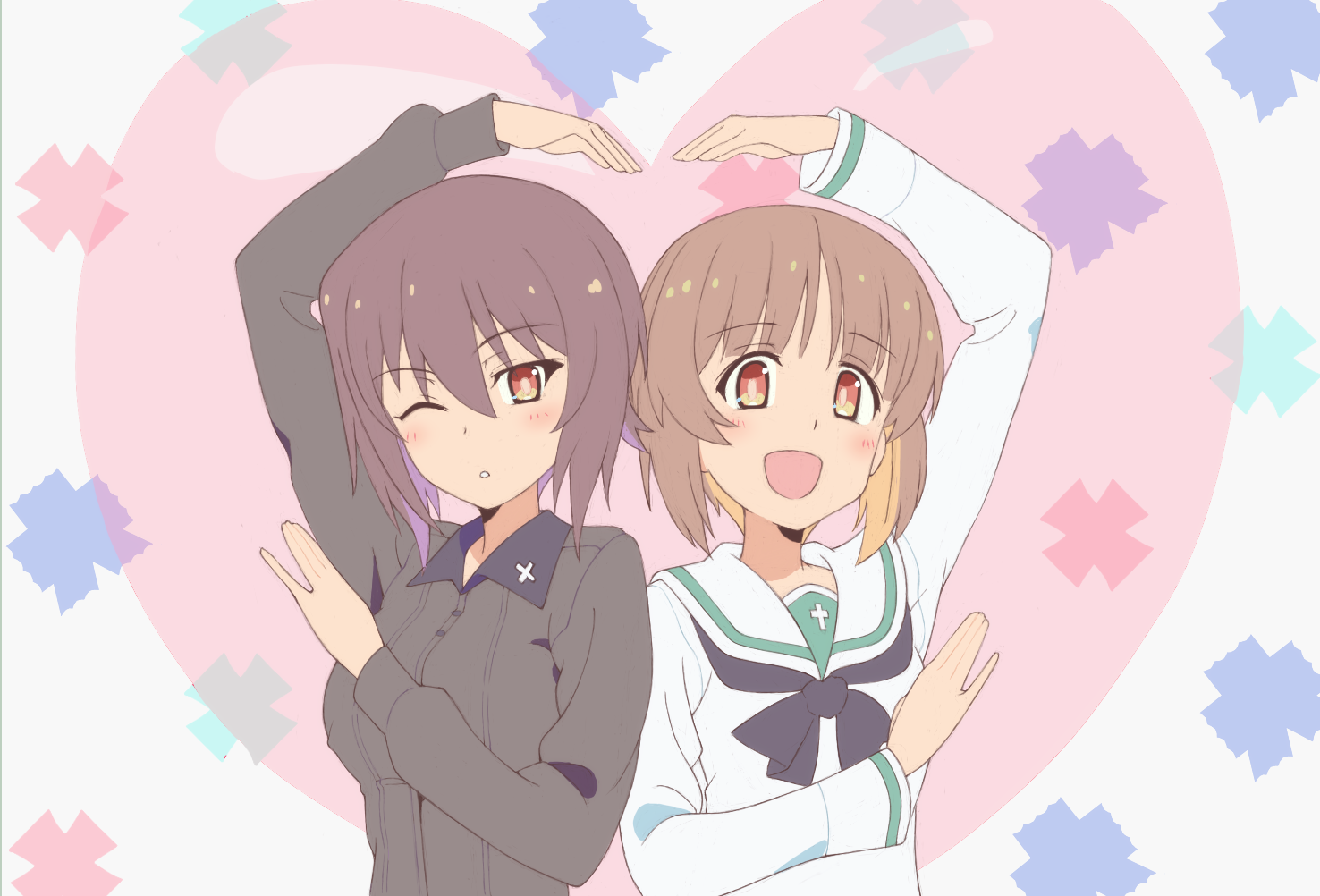 Safebooru - 2girls blush brown eyes brown hair girls und panzer heart ...