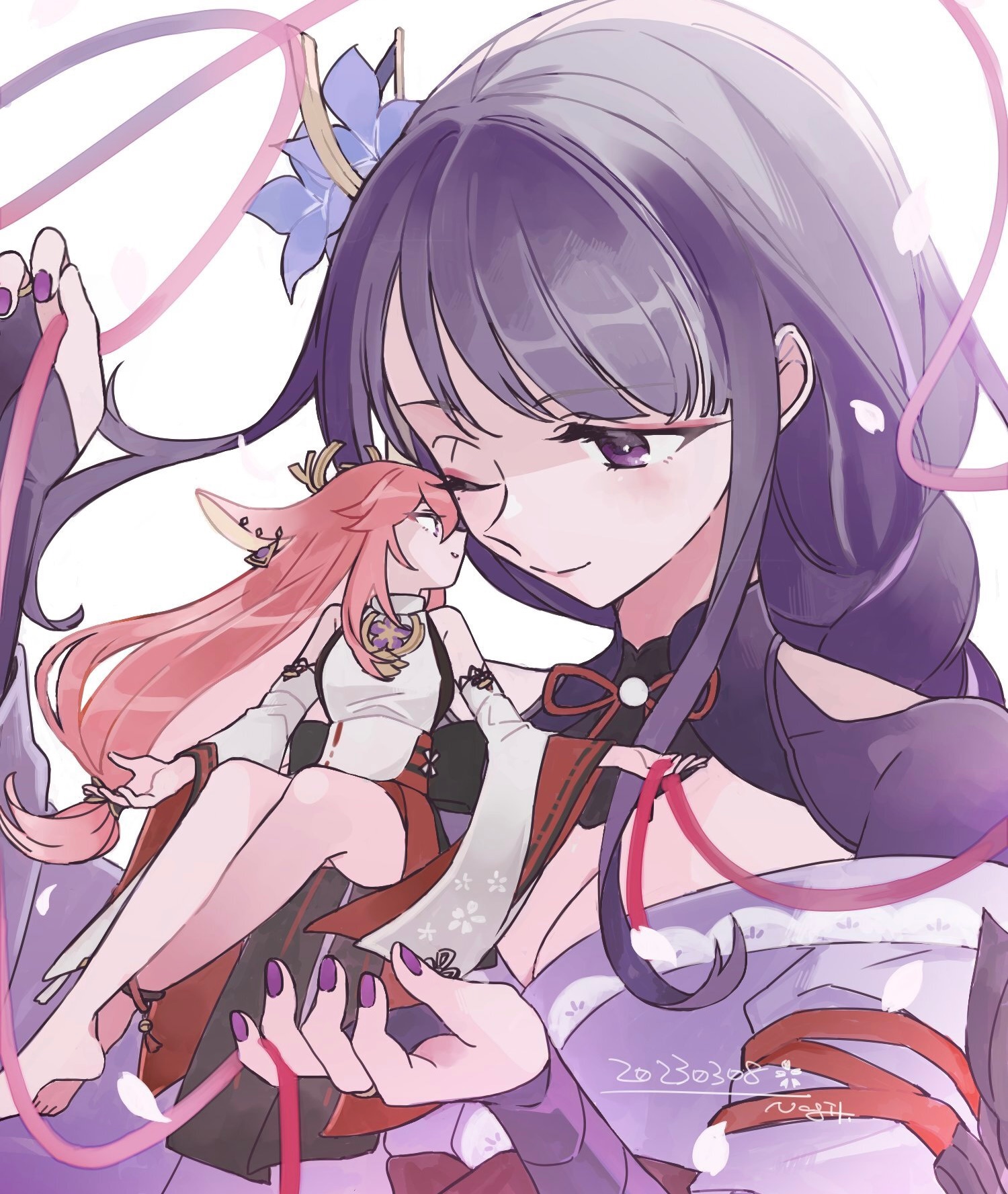 Safebooru - 2girls alternate size animal ears barefoot blunt bangs braid cherry blossoms couple ...