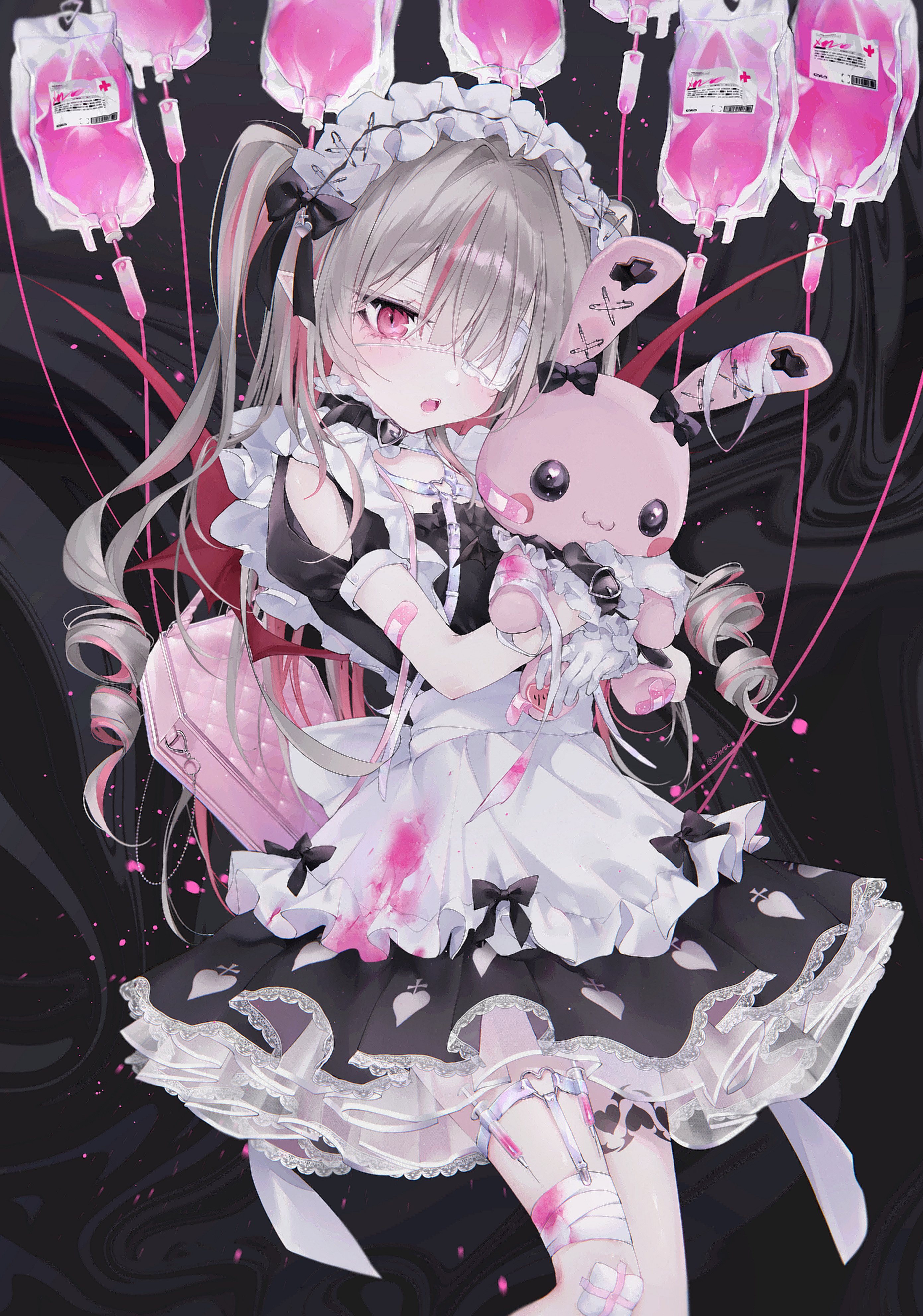 Safebooru - 1girl absurdres apron bandages bandaid bandaid on arm black choker black dress blood ...