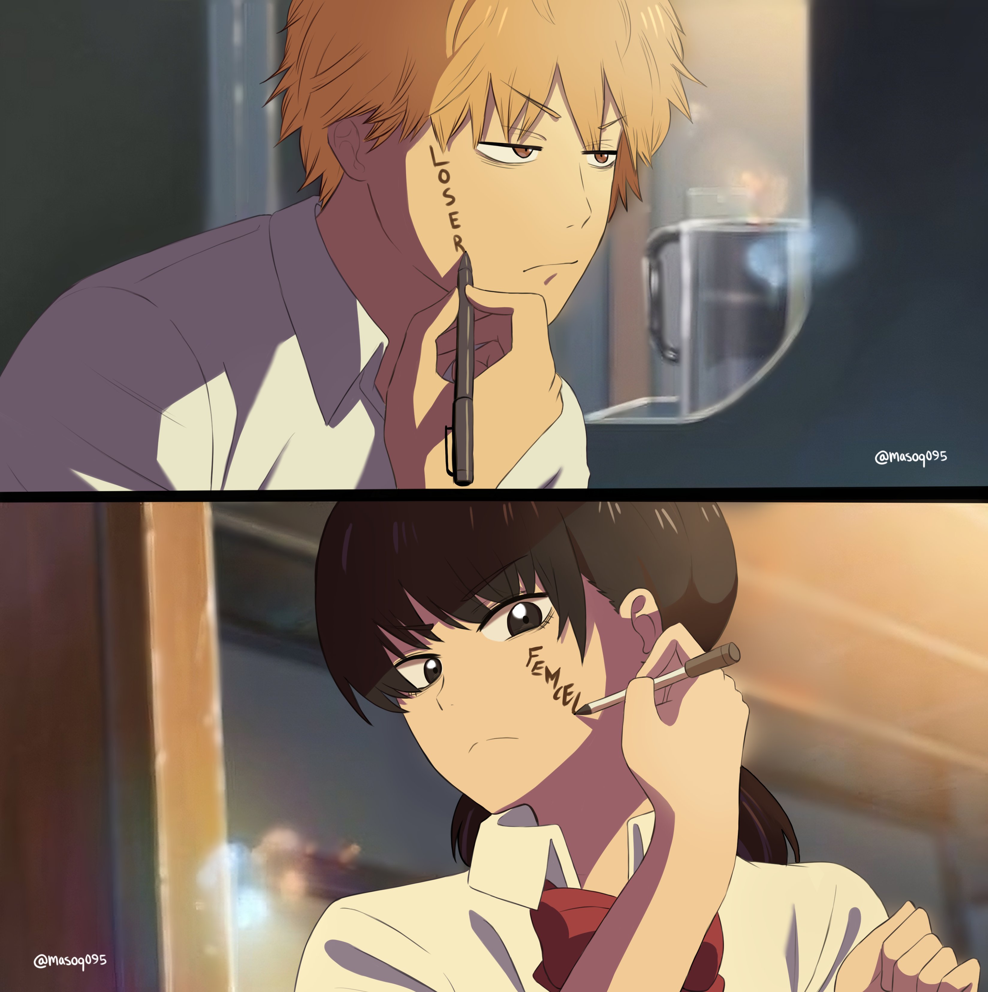 Safebooru - 1boy 1girl absurdres artist name black eyes black hair blonde hair blurry blurry ...