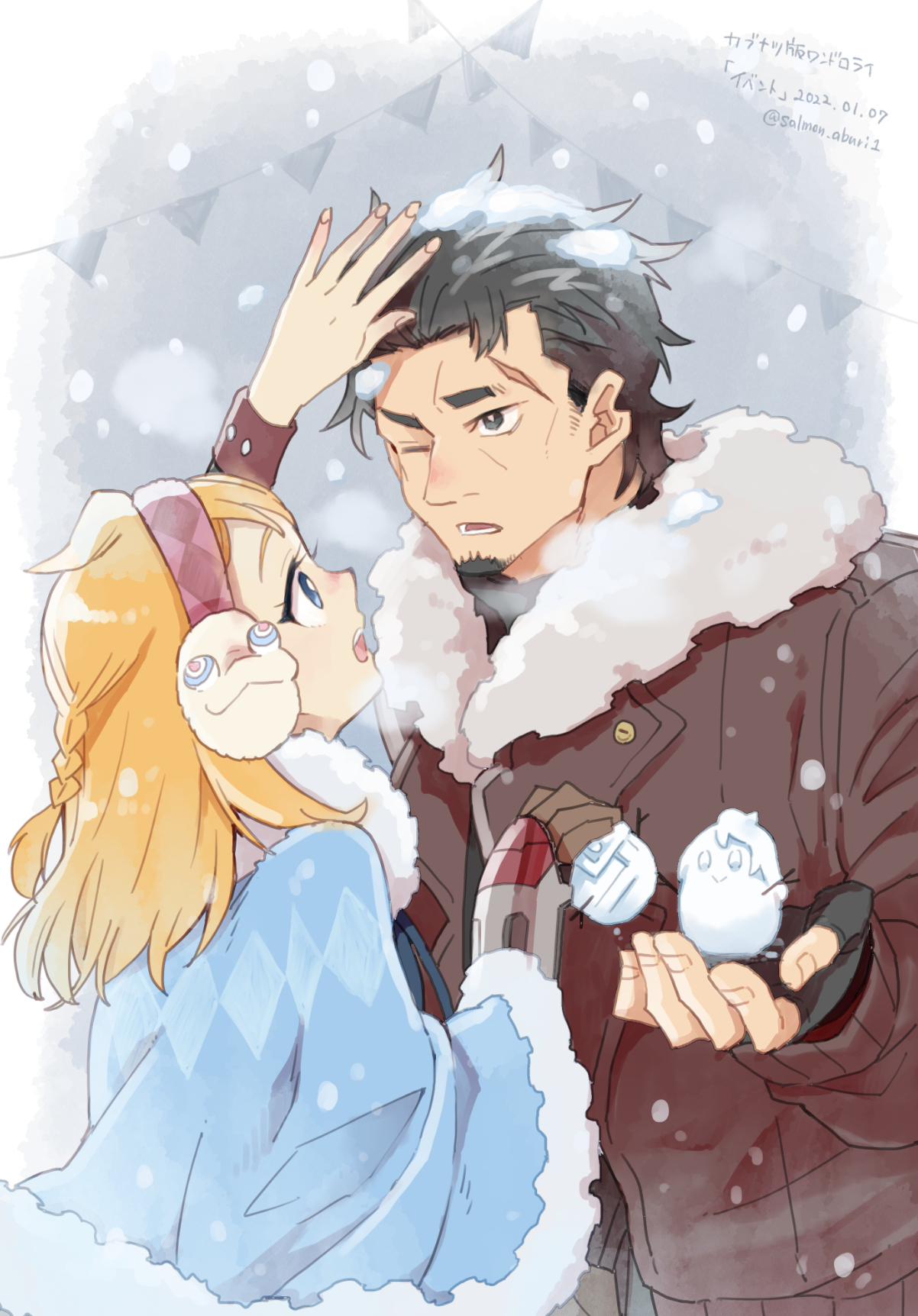 Safebooru - 1boy 1girl ;o black gloves black hair blonde hair blue coat braid brown coat ...