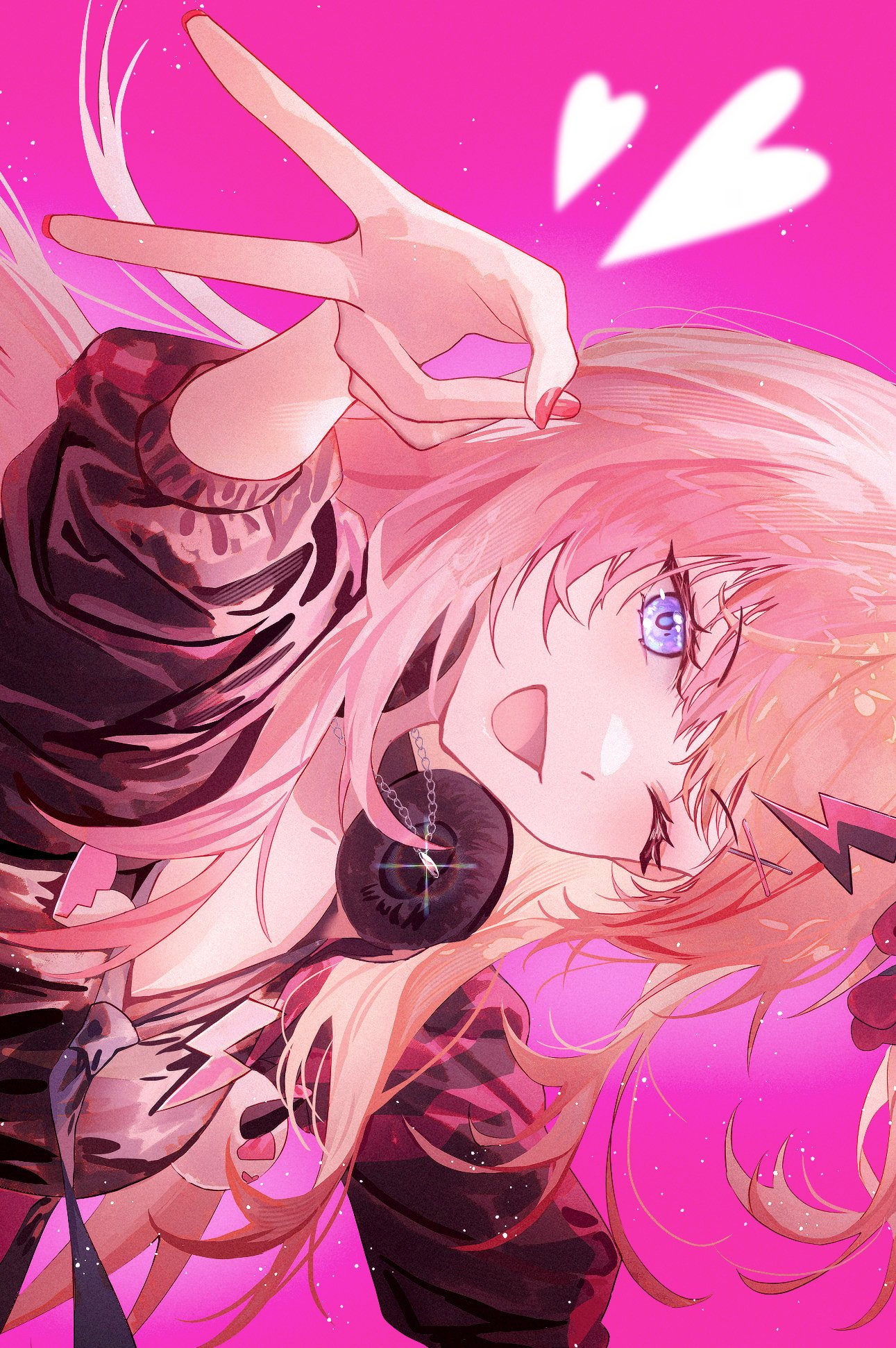 Safebooru - 1girl ;d blonde hair blue eyes blue necktie headphones headphones around neck heart ...